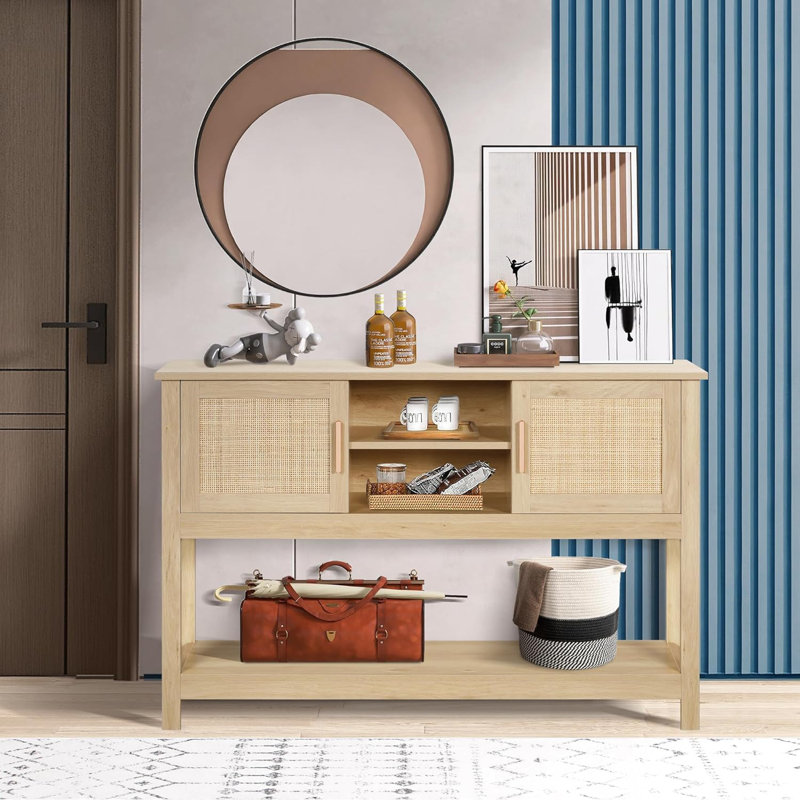 Bay Isle Home™ 47" Rattan Console Table With 2 Door Cabinets | Wayfair