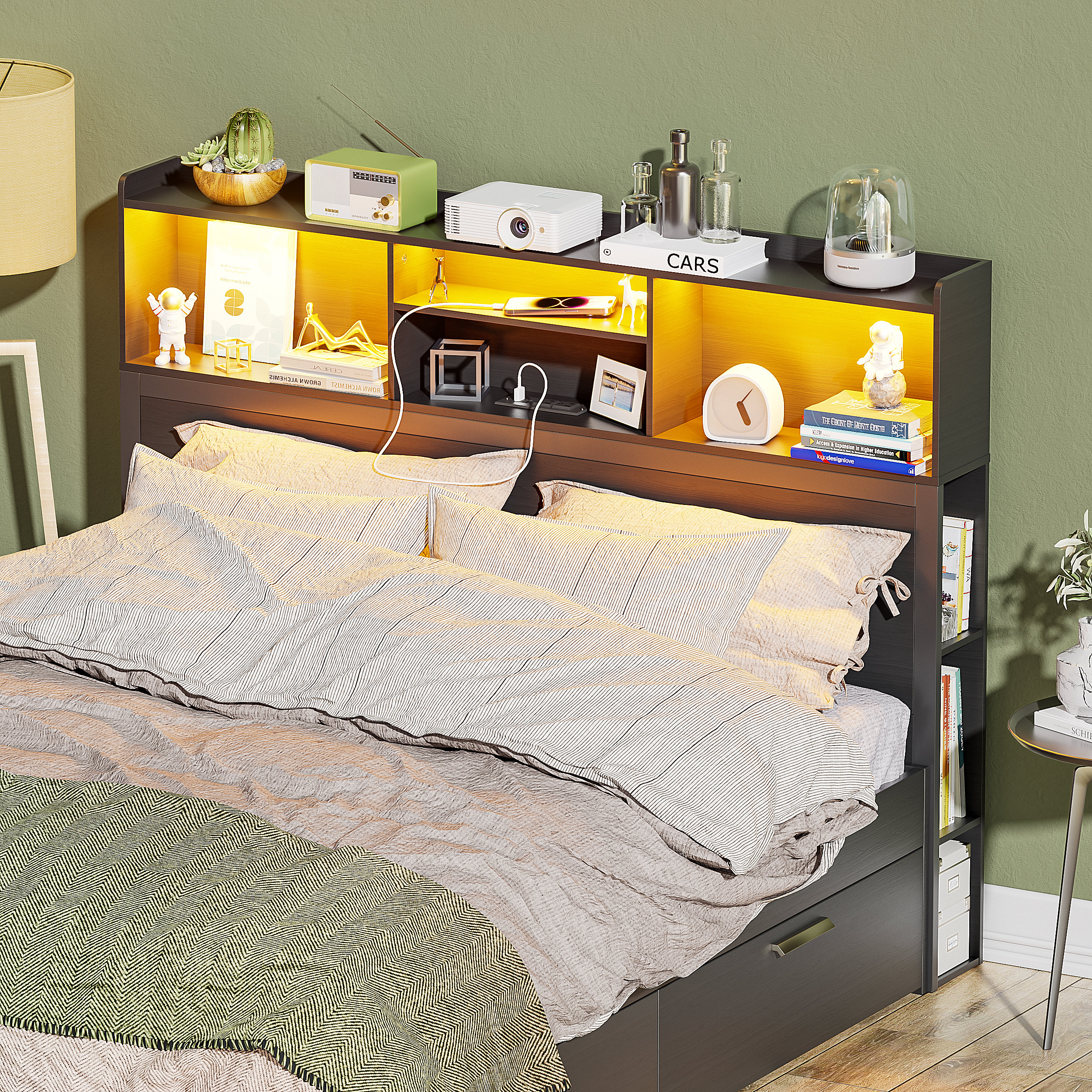 Latitude Run® Sayaan LED Queen Headboard with USB Ports and Side Shelf ...