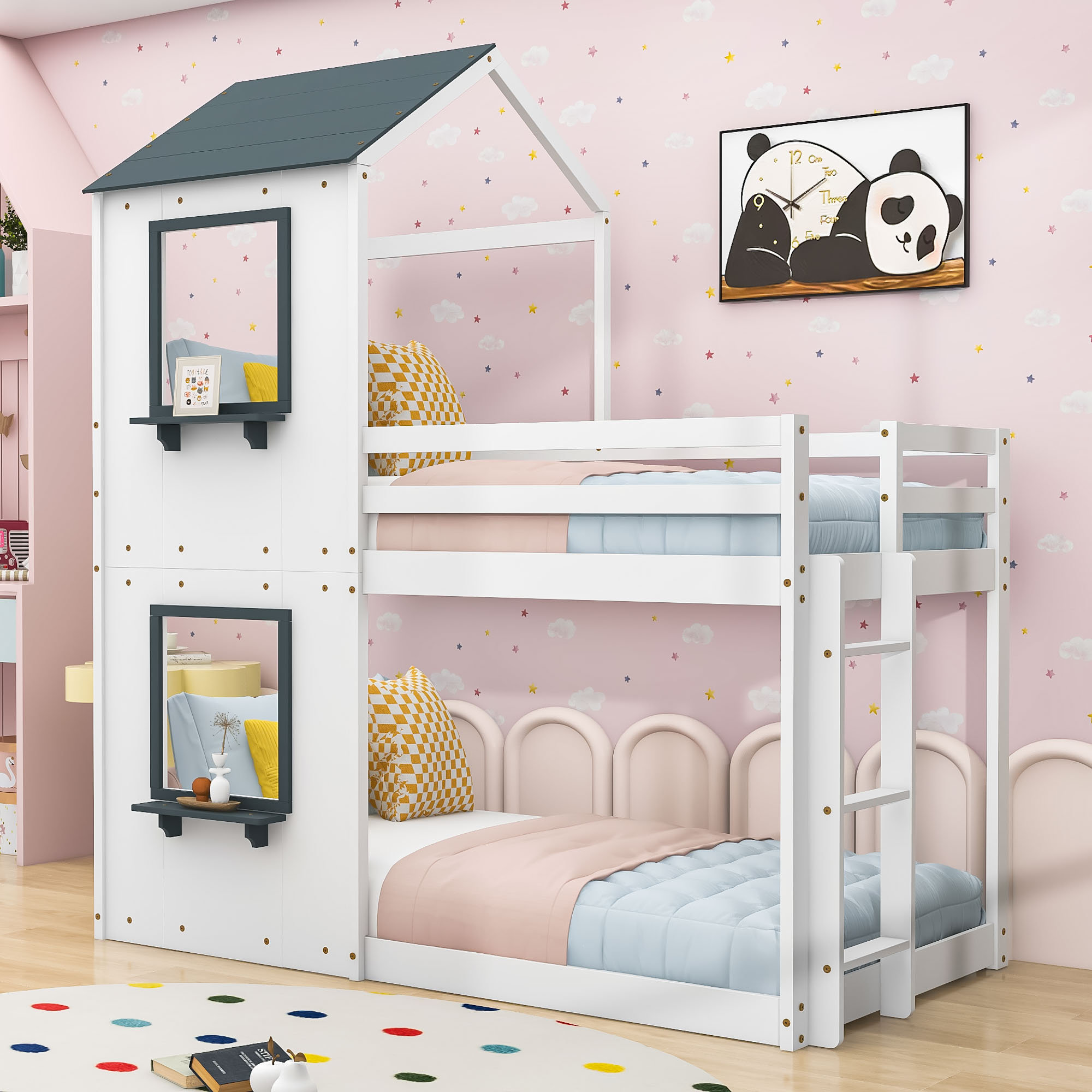 Harper Orchard Wood Twin Over Twin Bunk Bed With Guardrails And Ladder ...