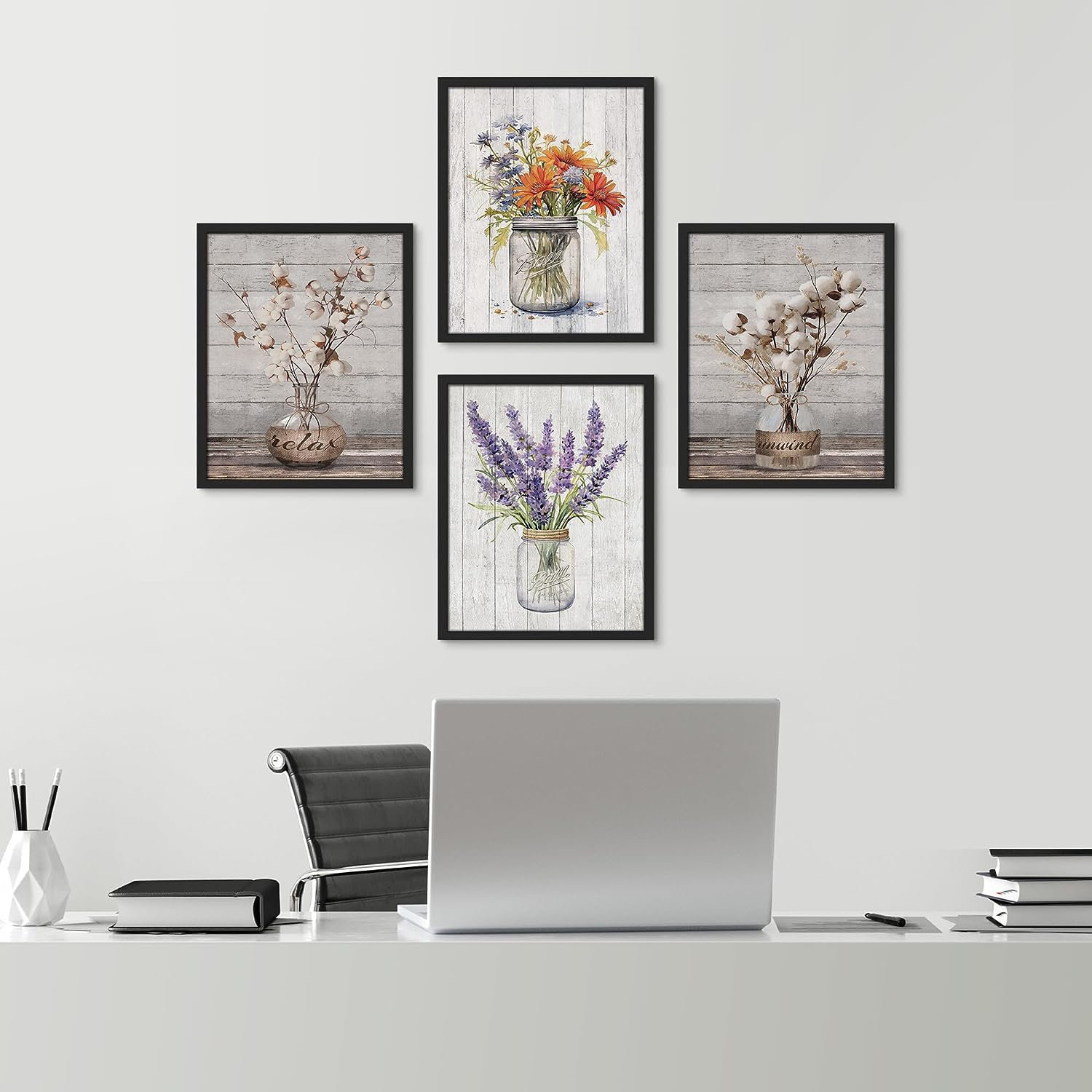 IDEA4WALL Framed Lavender Cottonflower Wildflower Wall Art, Set Of 4 ...