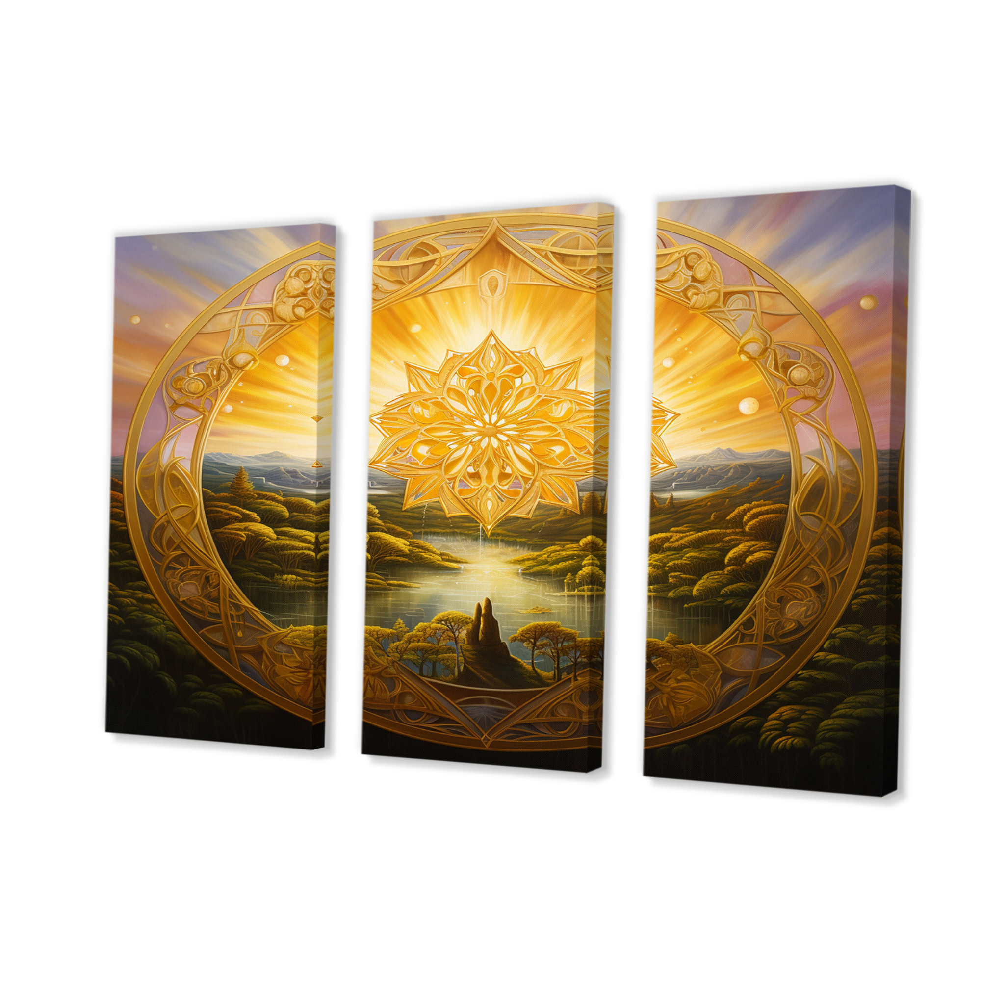 Red Barrel Studio® Awaken Golden Mandala Landscape On Canvas 3 Pieces ...