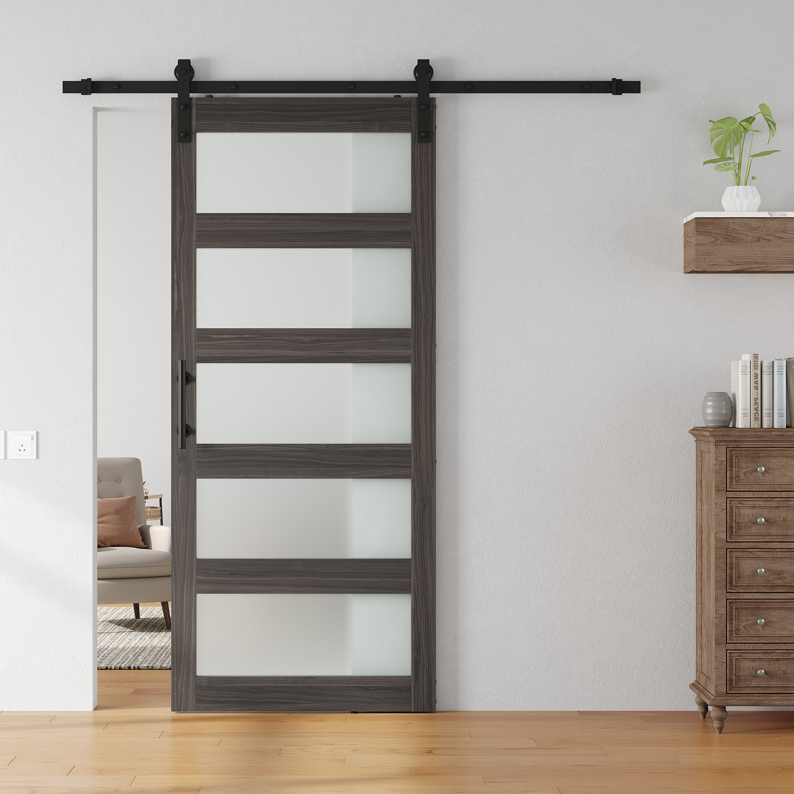 LDB_BUILDING 84" Frosted Glass and Manufactured Panelled Wood Barn Door ...