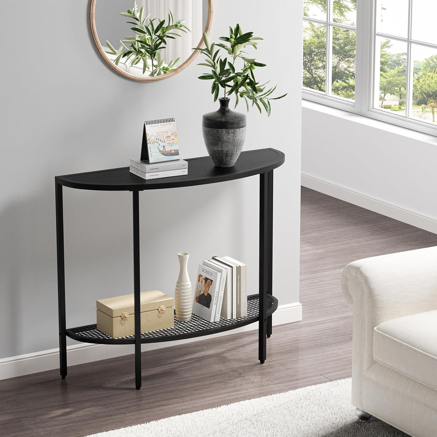 17 Stories Black Half Moon Console Table 2 Tier Narrow Entryway Table ...
