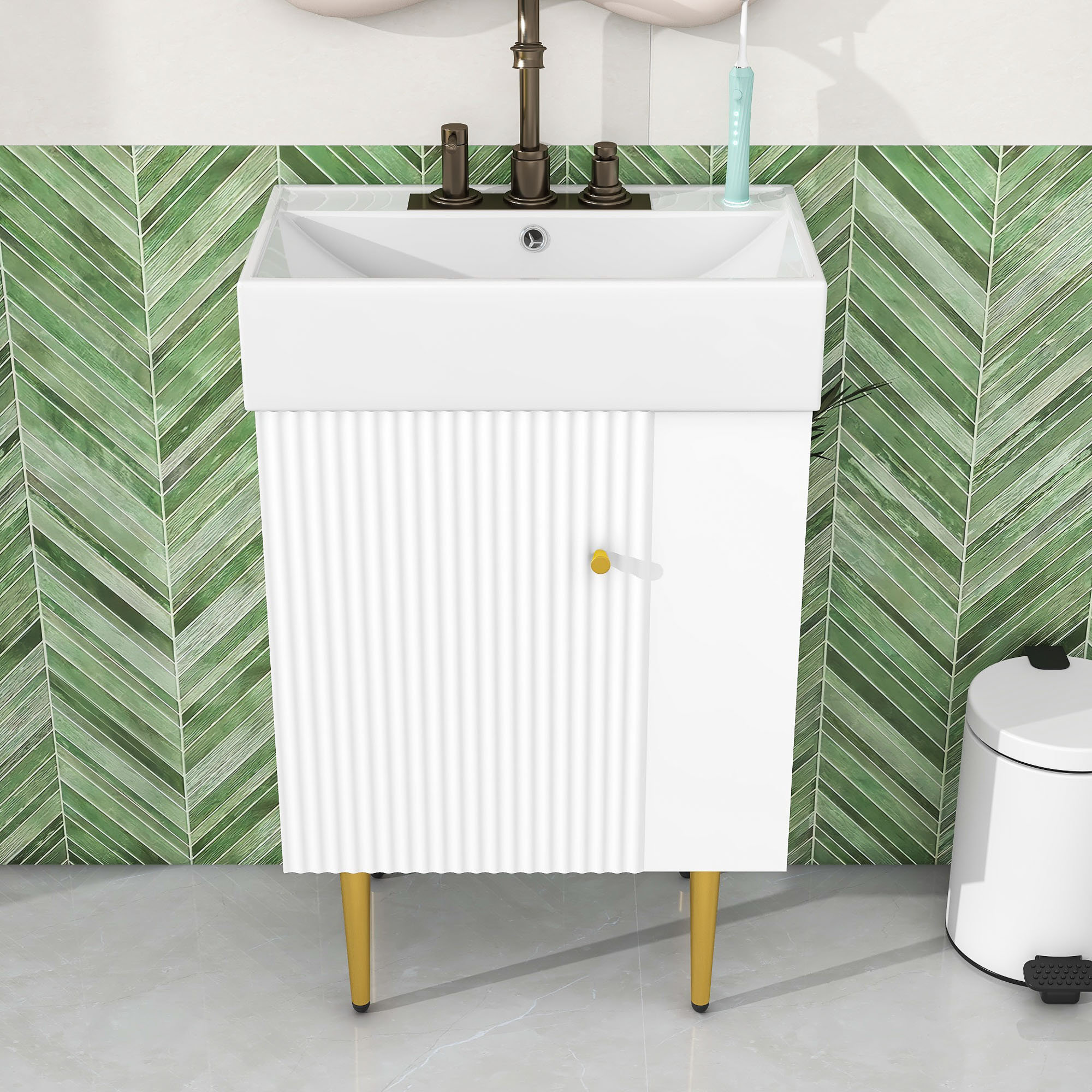 Mercer41 Chic Bathroom Vanity with Ceramic Sink, Right-Side Storage and ...