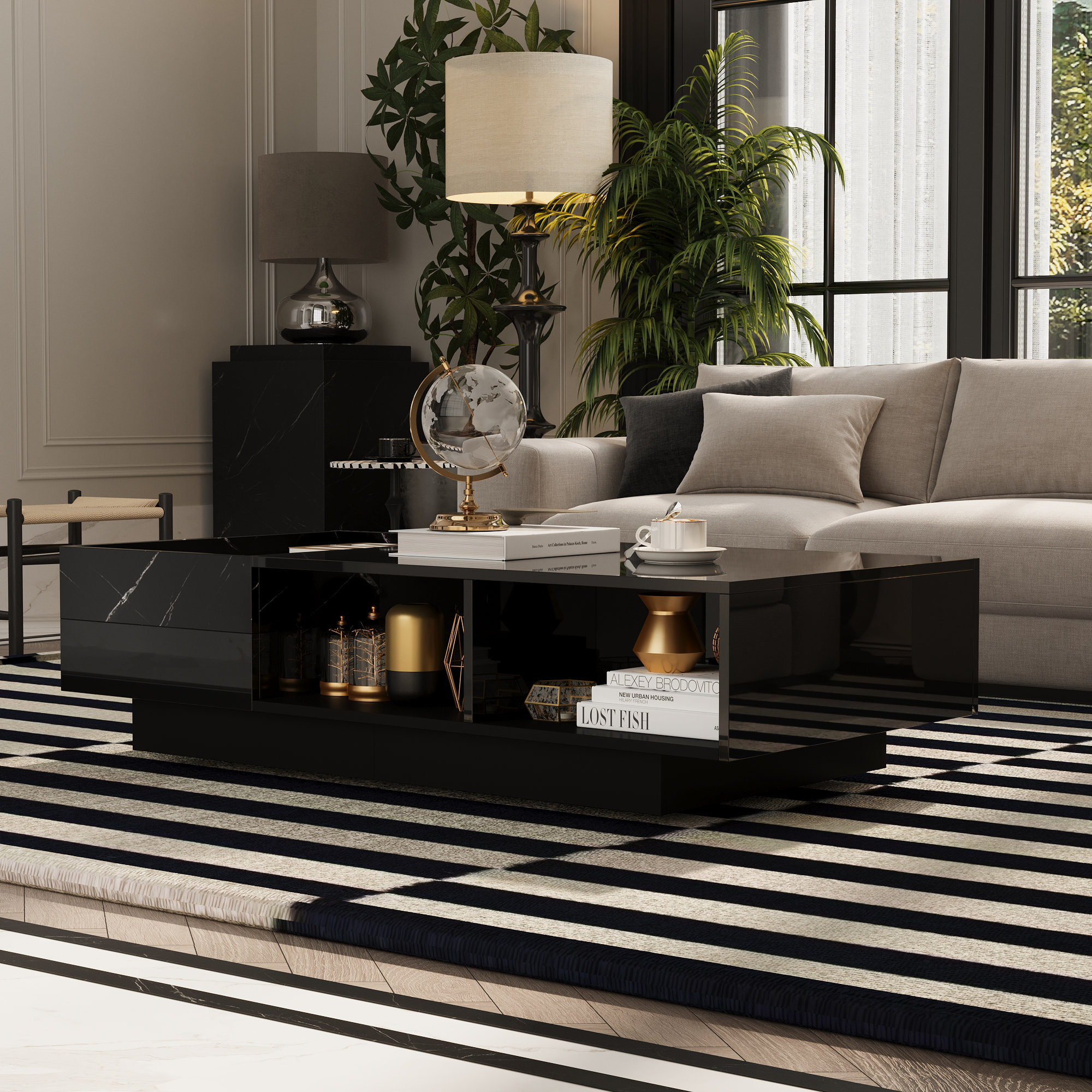 Mercer41 47.2'' W 2-Drawer High-Gloss Surface Coffee Table With Stone ...