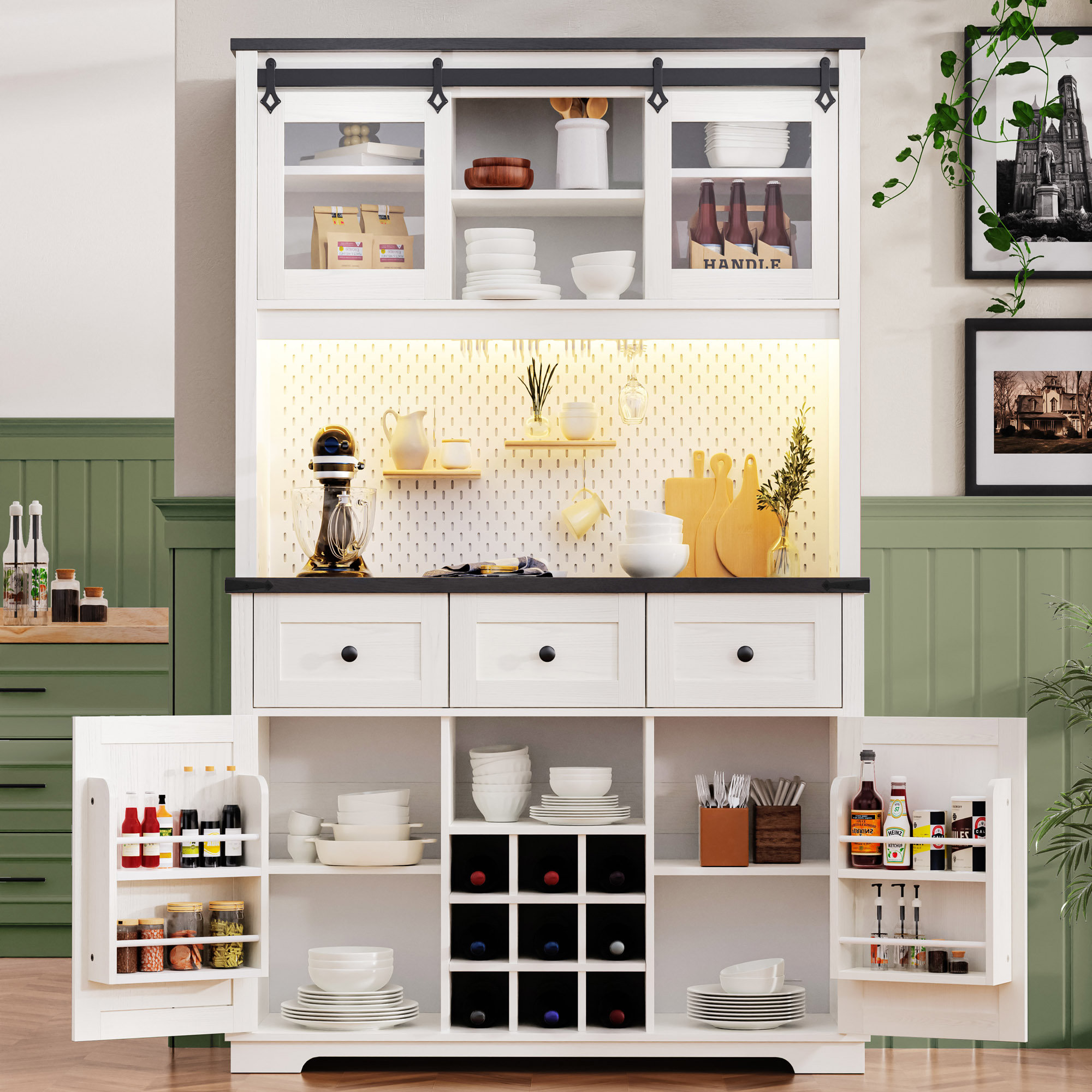 Gracie Oaks 71" Farmhosue Pantry Bar Cabinet With Internal Storage Rack ...