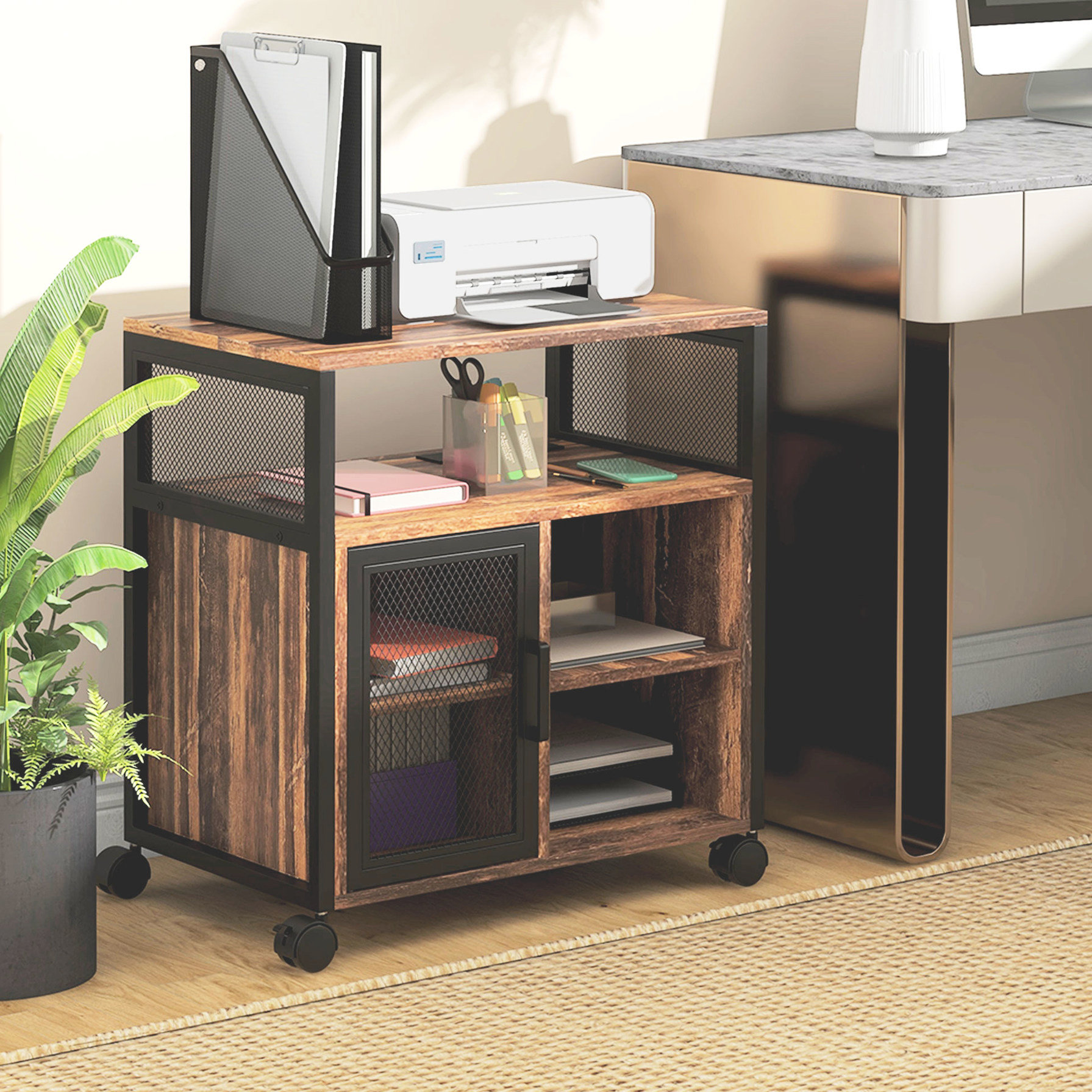 17 Stories Rustic Brown Printer Cart With Ac Outlets. Organize Your ...