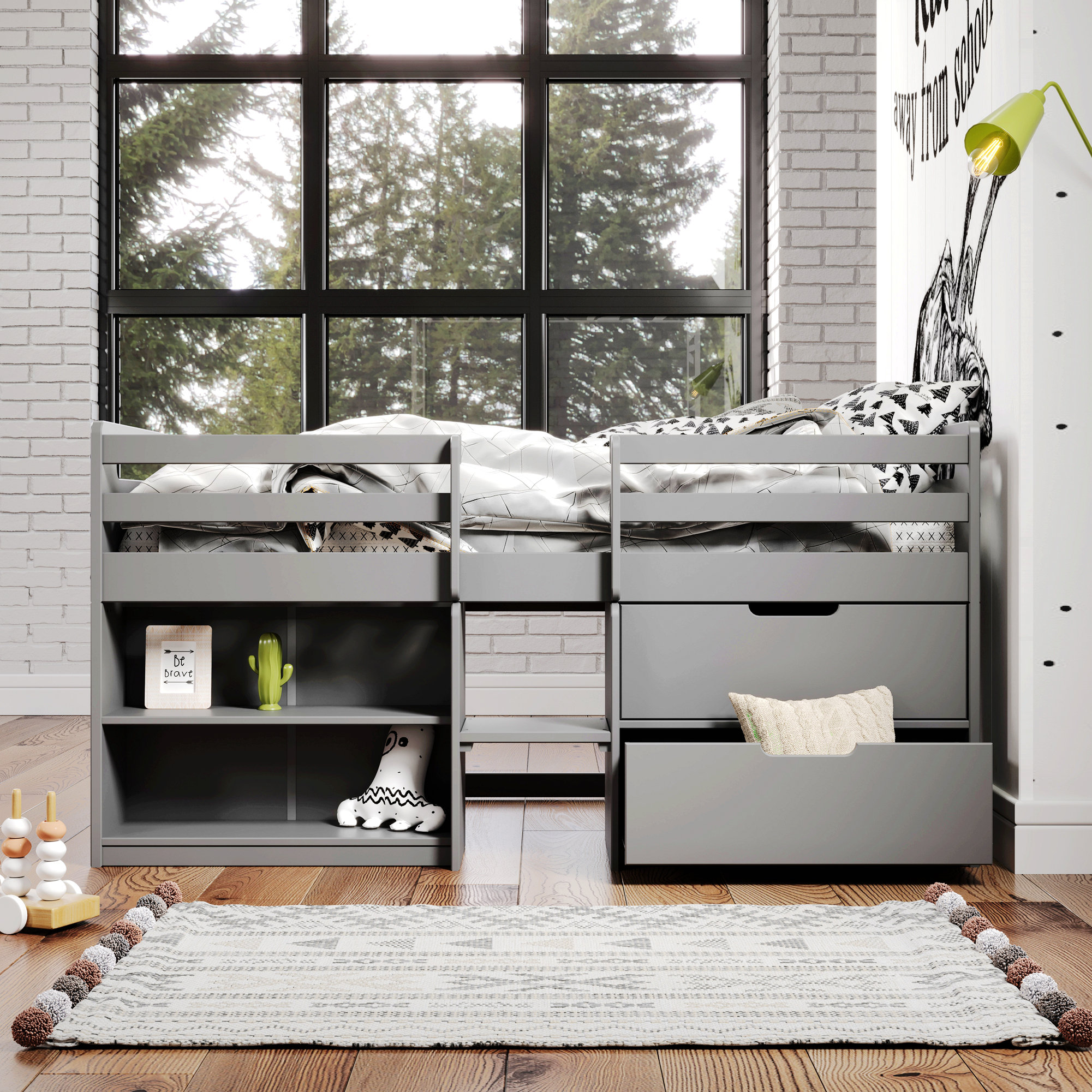 Harriet Bee Wooden Frame Loft Bed w/Storage With storage space | Wayfair