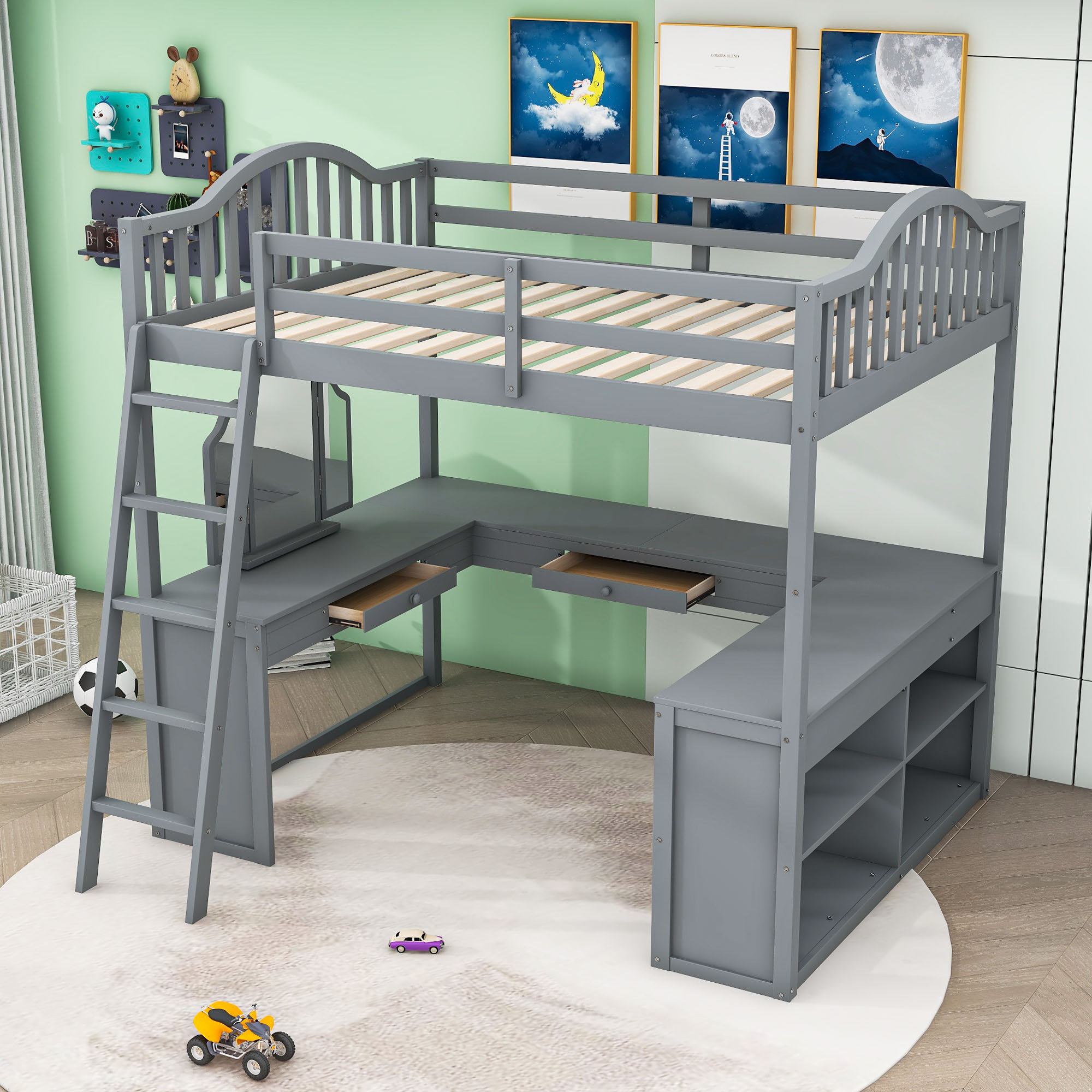 Harriet Bee Keimon Full Wooden Loft Bed With Built-In Desk And Mirror ...