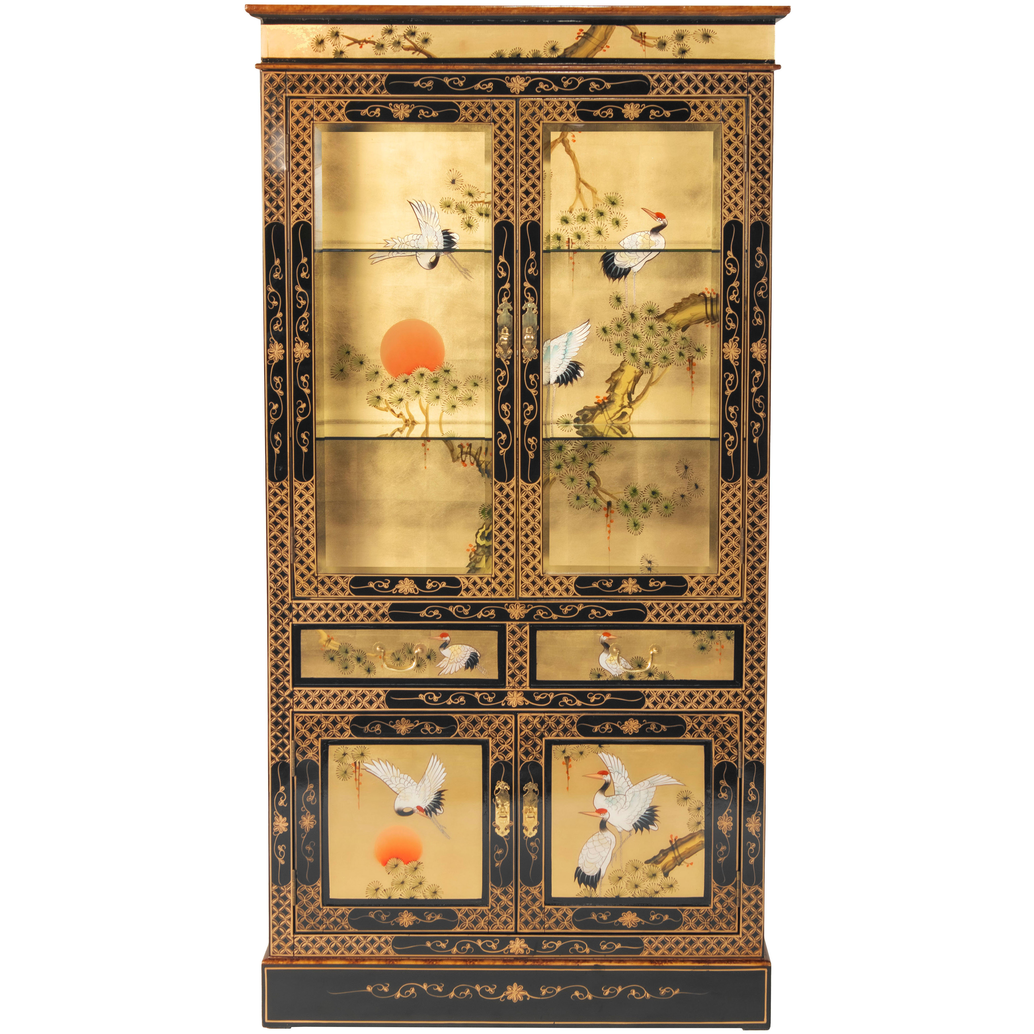 Oriental Furniture Gold Lacquer Curio Cabinet - Cranes | Perigold