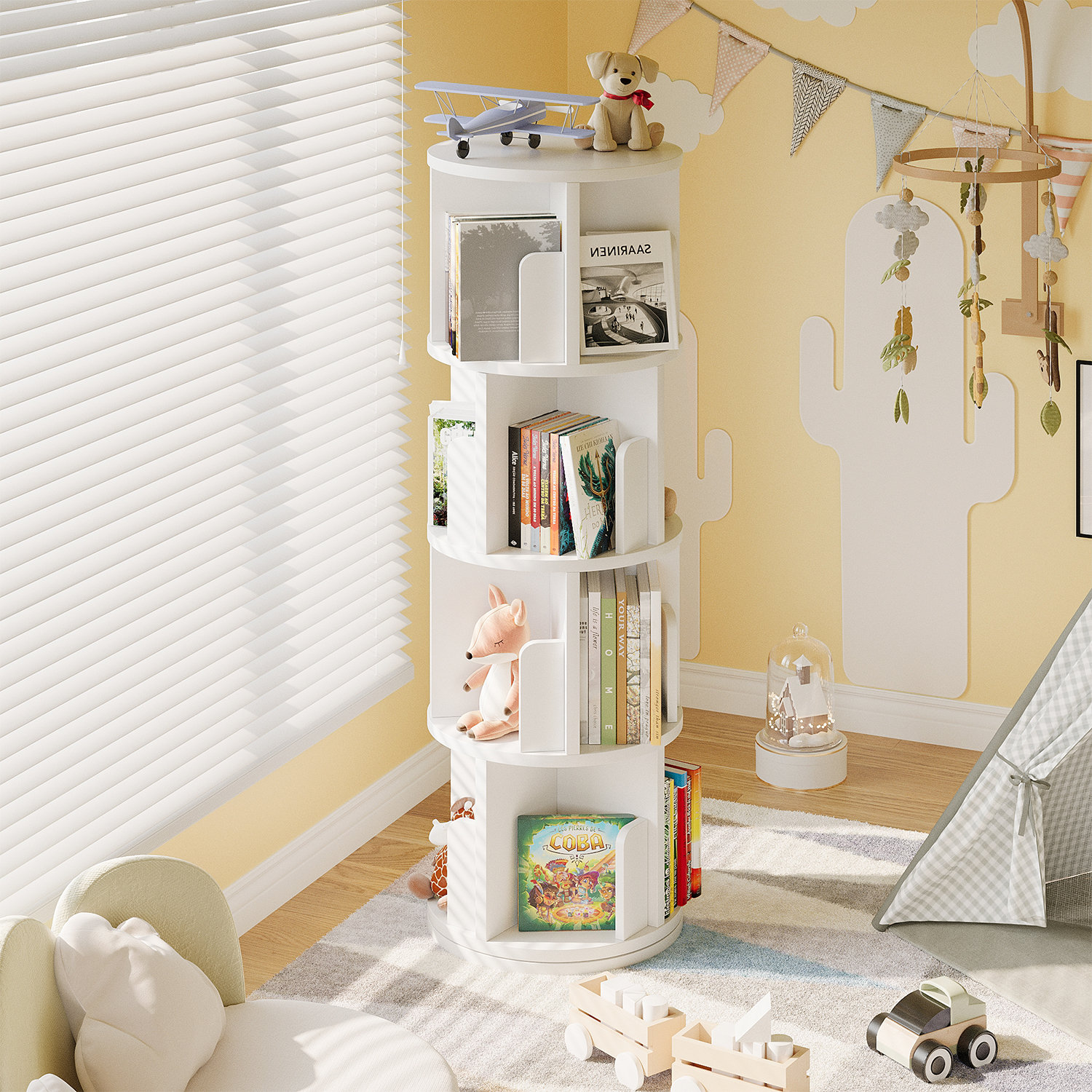 Ebern Designs 360° Rotating Bookshelf, 4 Tiers Corner Shelf, Rotating ...