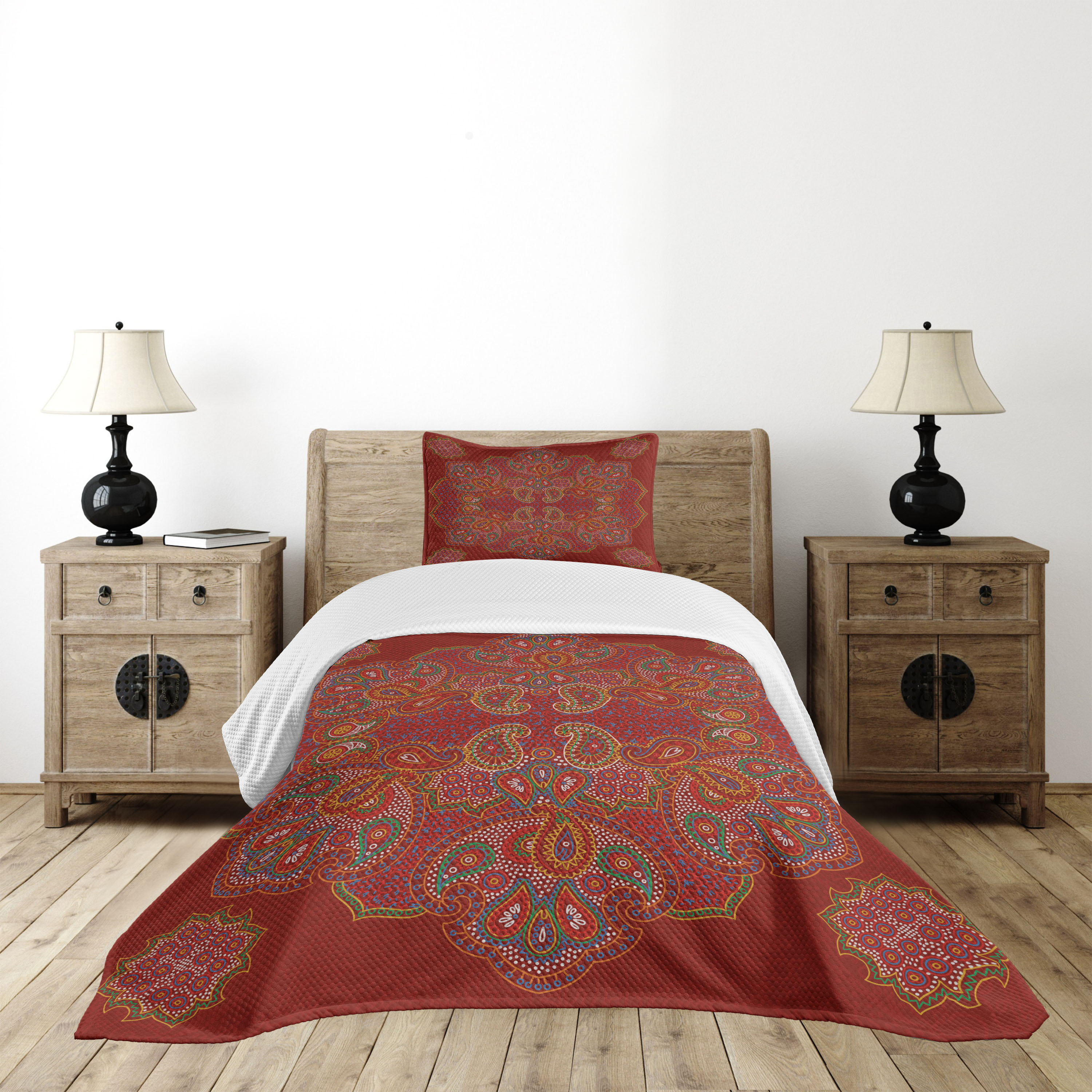 Ambesonne Mandala Bedspread Motif Traditional Paisley Burgundy White ...