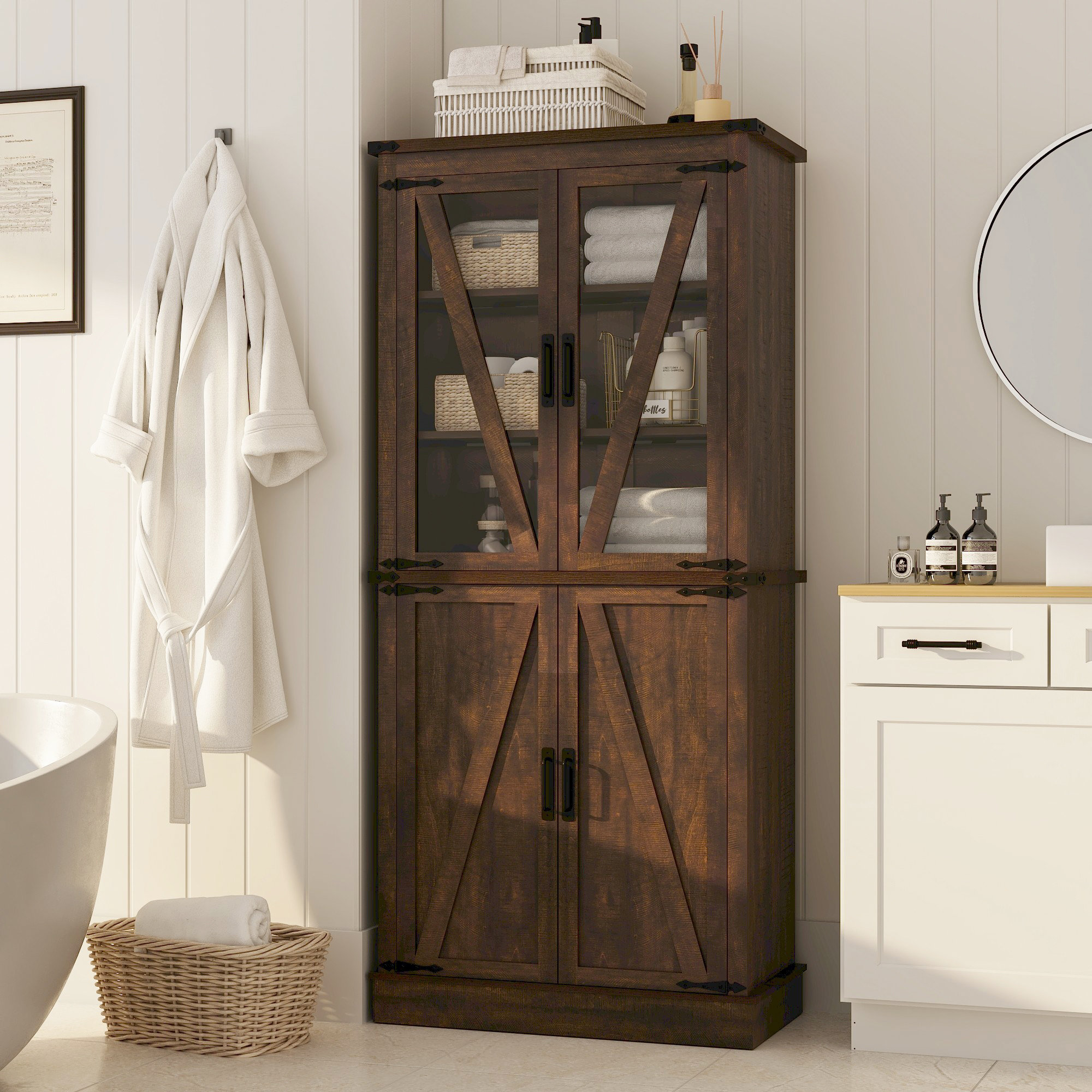 Gracie Oaks 71" Kitchen Pantry With Transparent Upper Doors, 3 Sliding ...