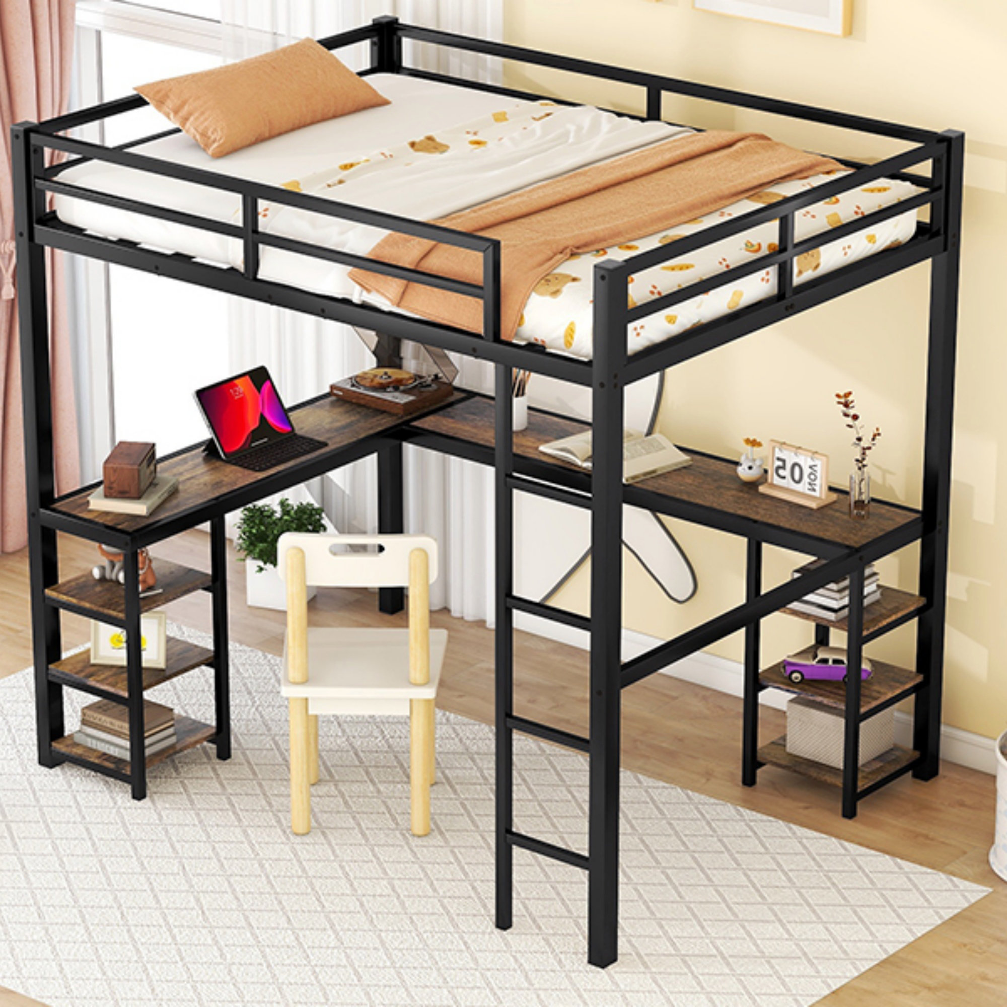 George Oliver Full Metal Loft Bed With Desk And Shelves, Loft Bed With ...