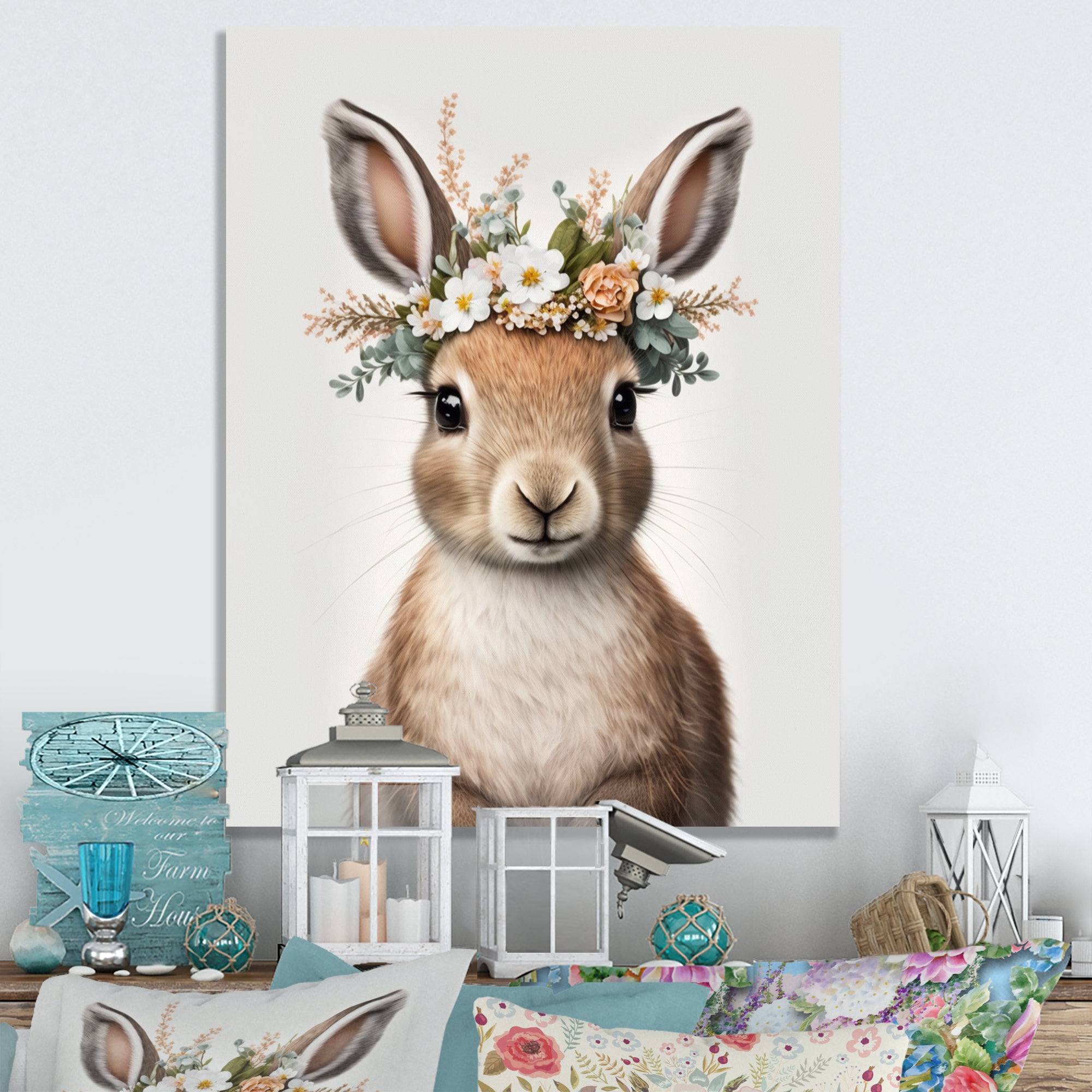 Indigo Safari Cute Baby Rabbit With Floral Crown II - Animals Canvas ...