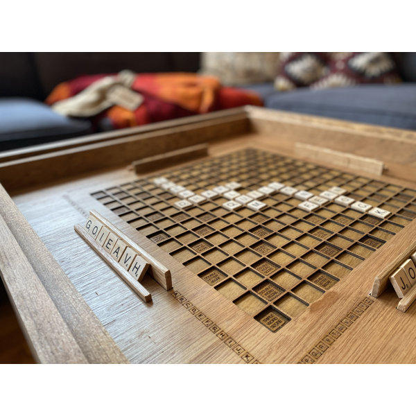 Latitude Run® Sharnetta Rustic Word Game Table with Removable Glass Top ...