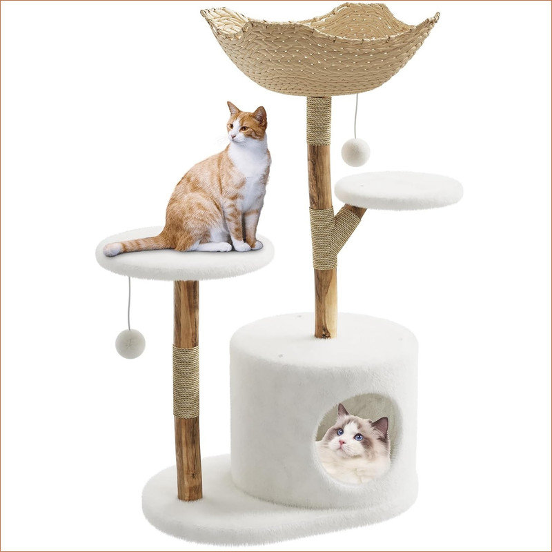 George Oliver 43" Modern Natural Wood Cat Tree for Cats Aesthetic Cat ...