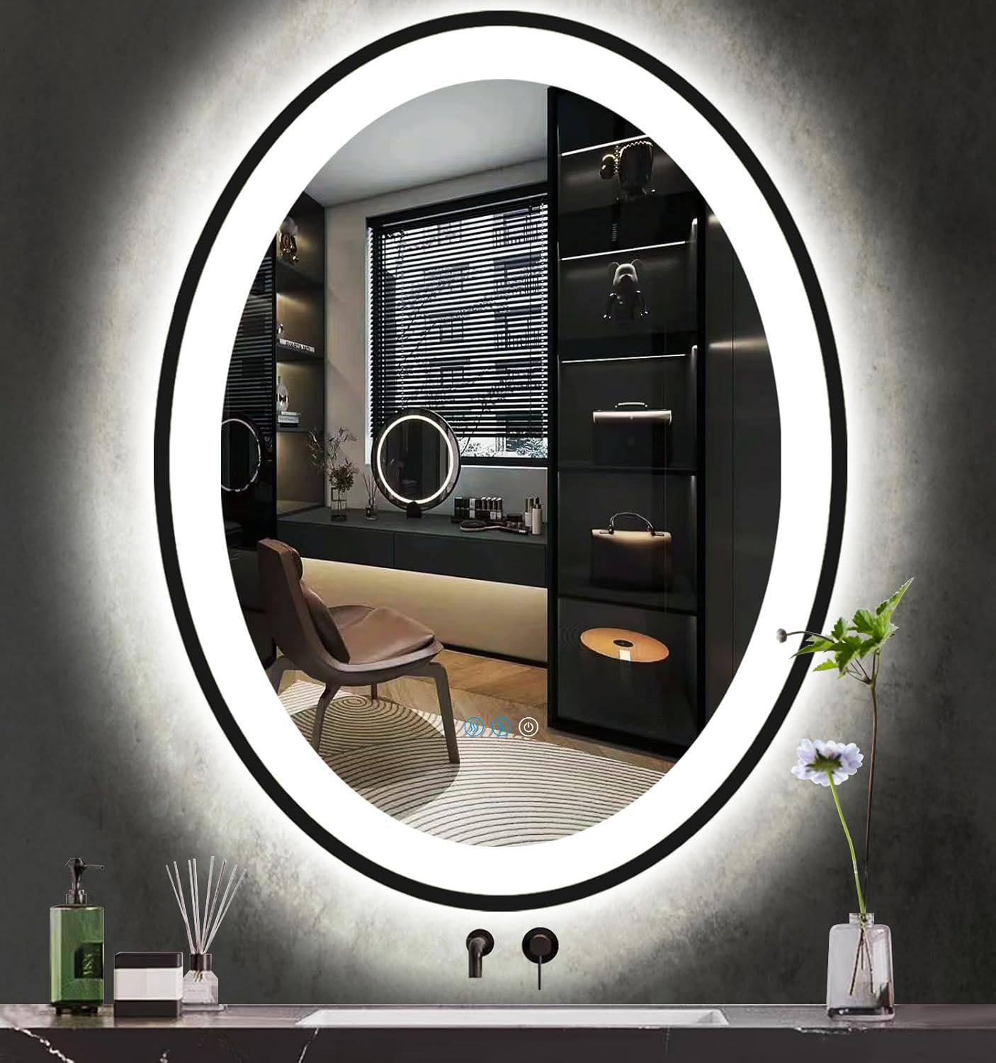 Ivy Bronx 24 X 36 Inch Black Frame Oval Led Mirror For Bathroom Wall ...