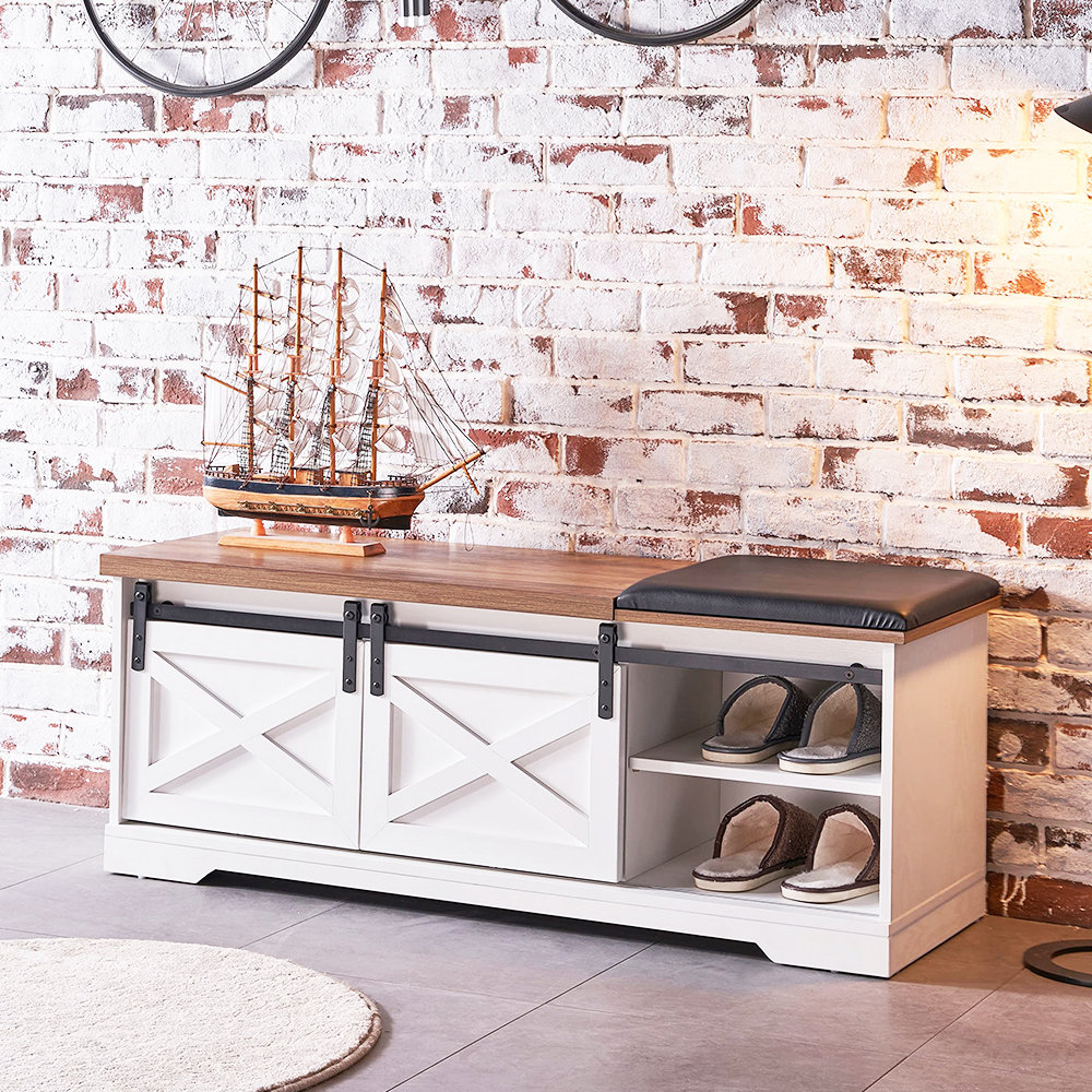 Gracie Oaks 47" Farmhouse Storage Bench With 2 Sliding Barn Doors, Wood ...