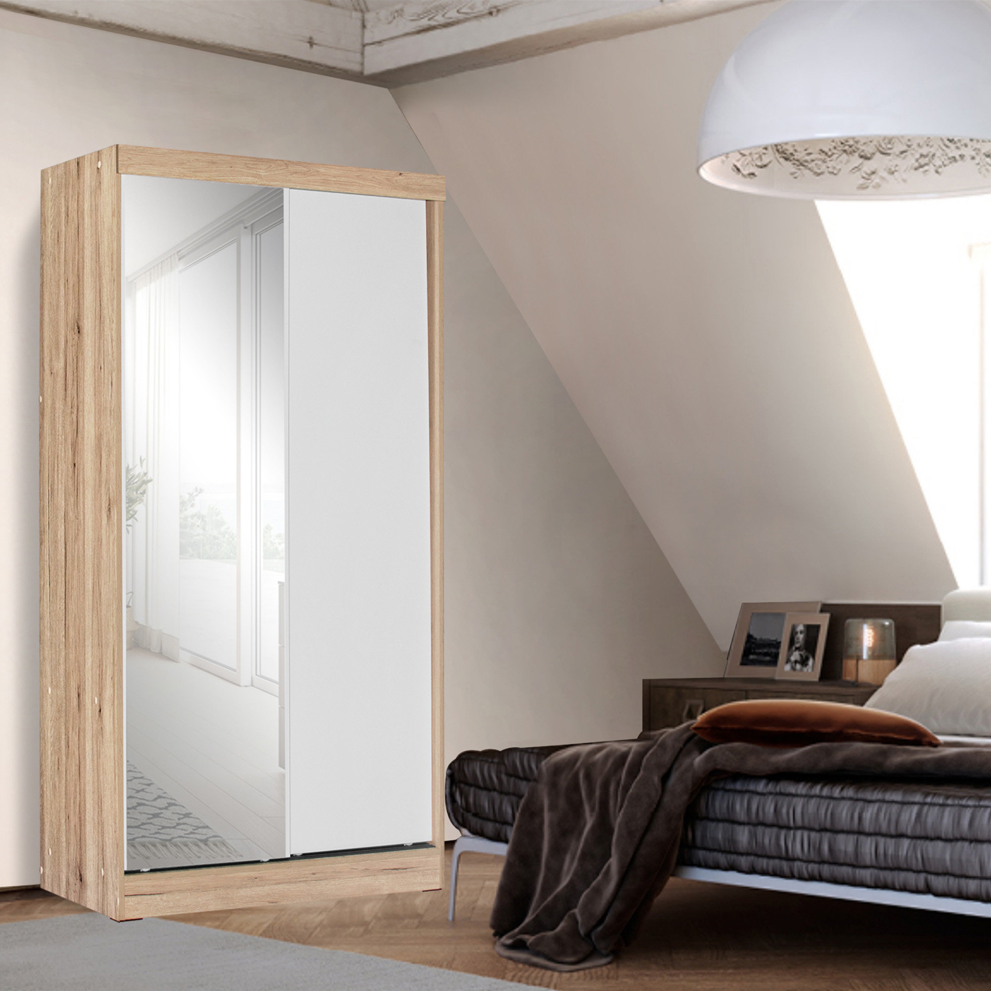 Ebern Designs Blanton Sliding Doors Wardrobe, Mirrored Door, Drawers ...