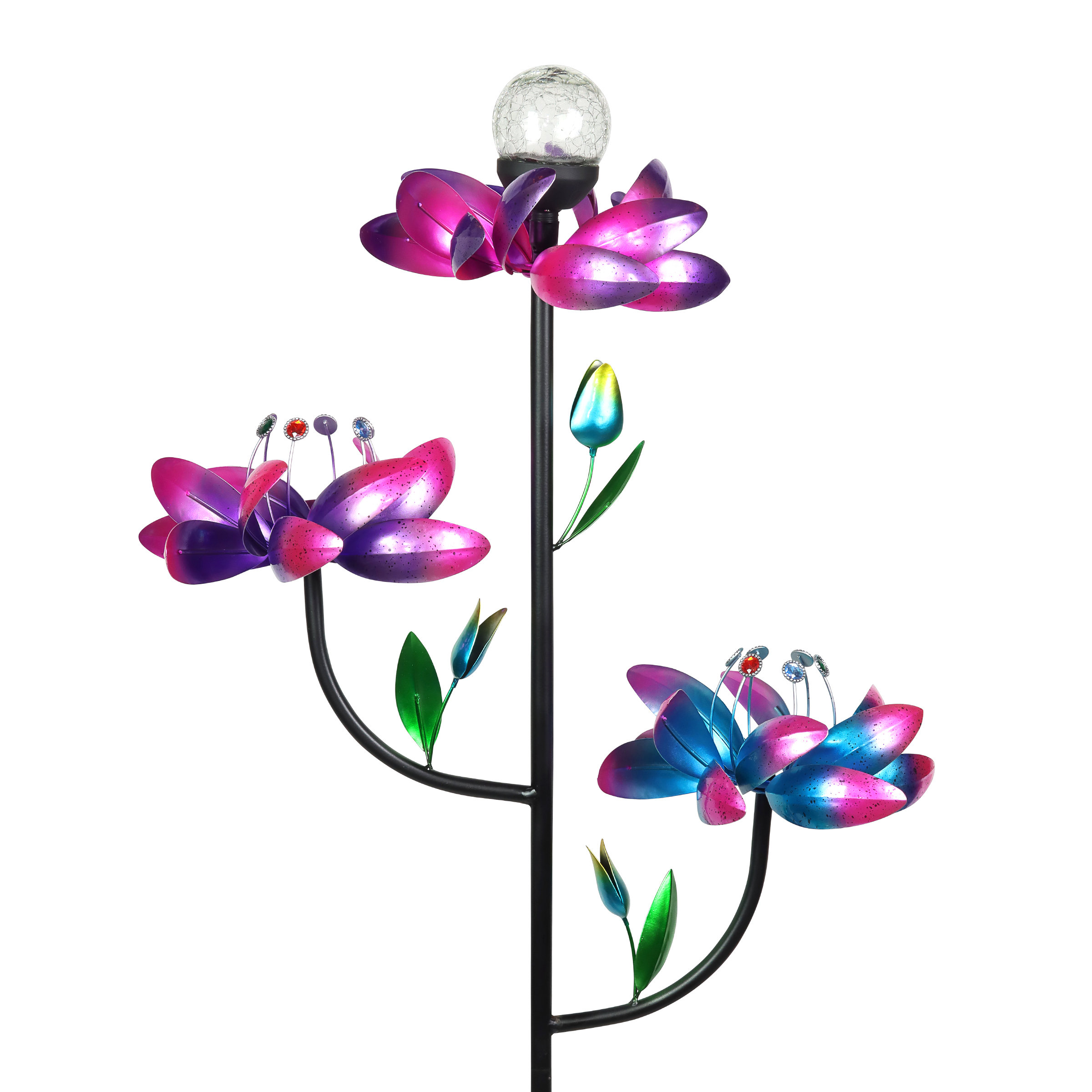 Exhart Triple Kinetic Flower Wind Spinner Garden Stake with Solar Color ...