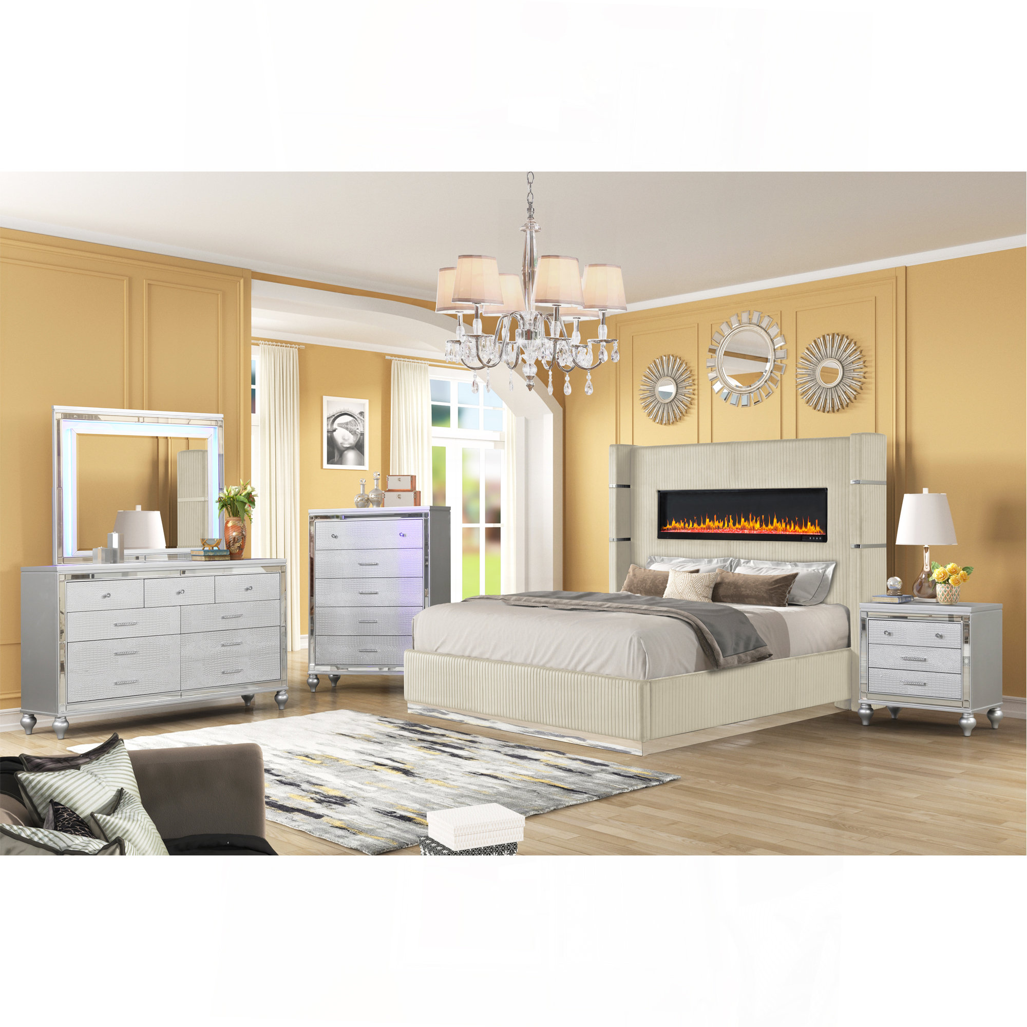Hokku Designs Upholstery Wooden Queen 5 PC Bedroom Set With Ambient ...