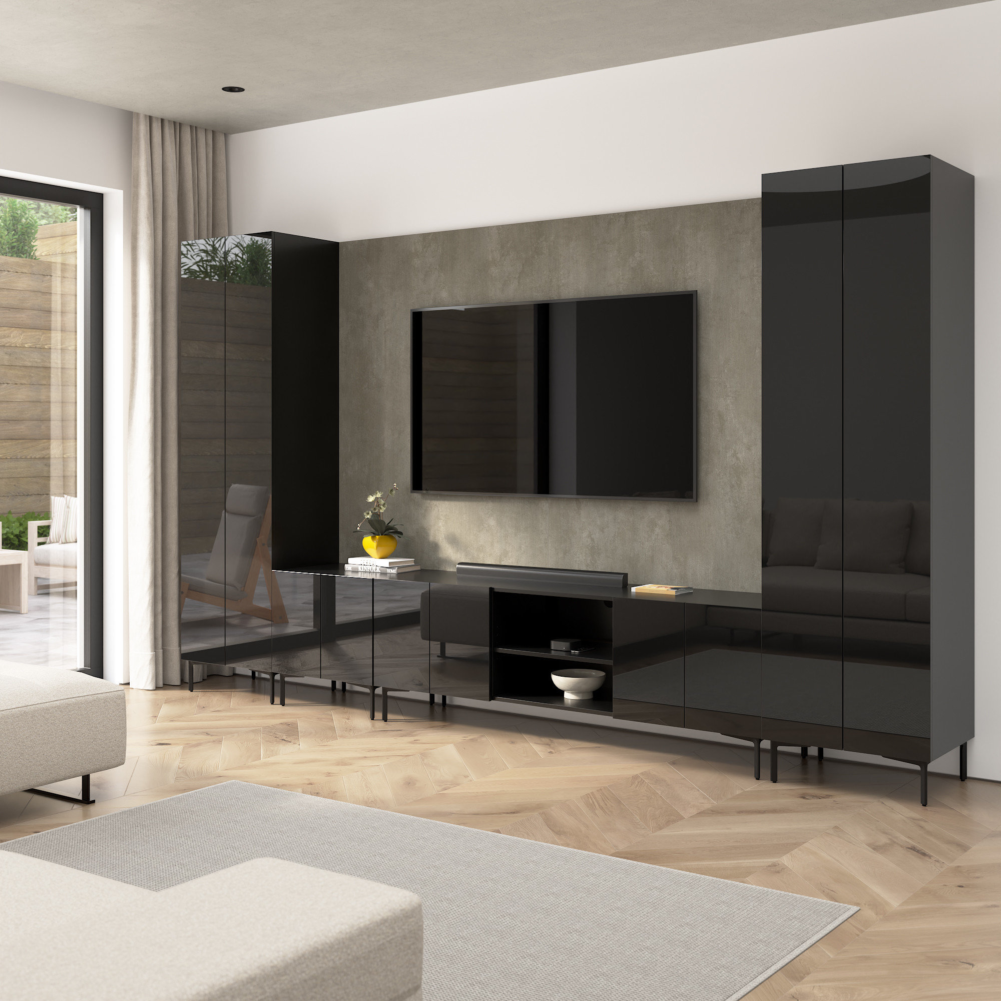 Bestar 141W Modular Entertainment Center With TV Stand, Cabinet, Tall ...