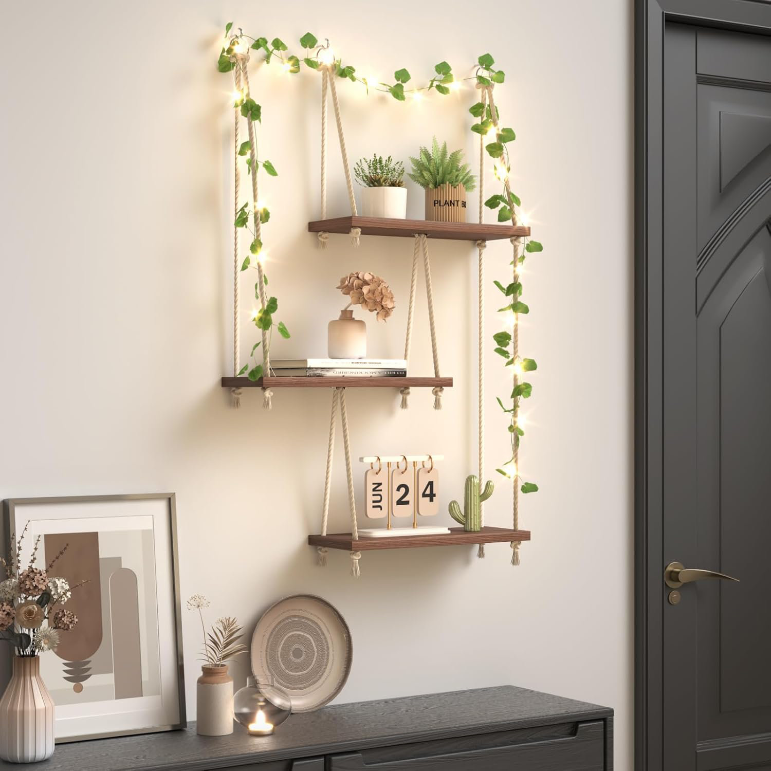 Dakota Fields Hanging Shelves For Wall With Vine Lights 3 Tier Rope ...