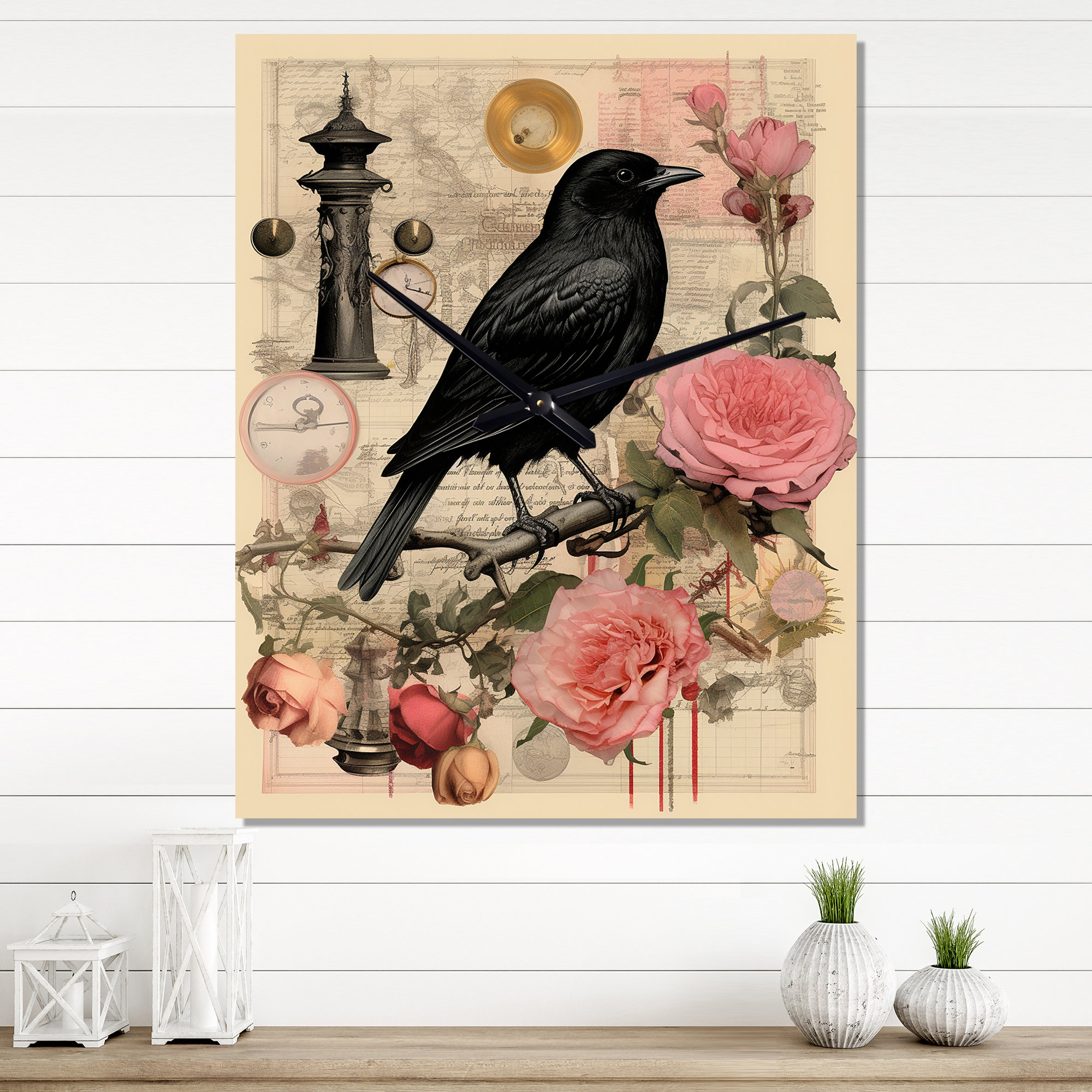 Design Art Black Crow Vintage Illustration - Crow Vintage Wall Clock ...