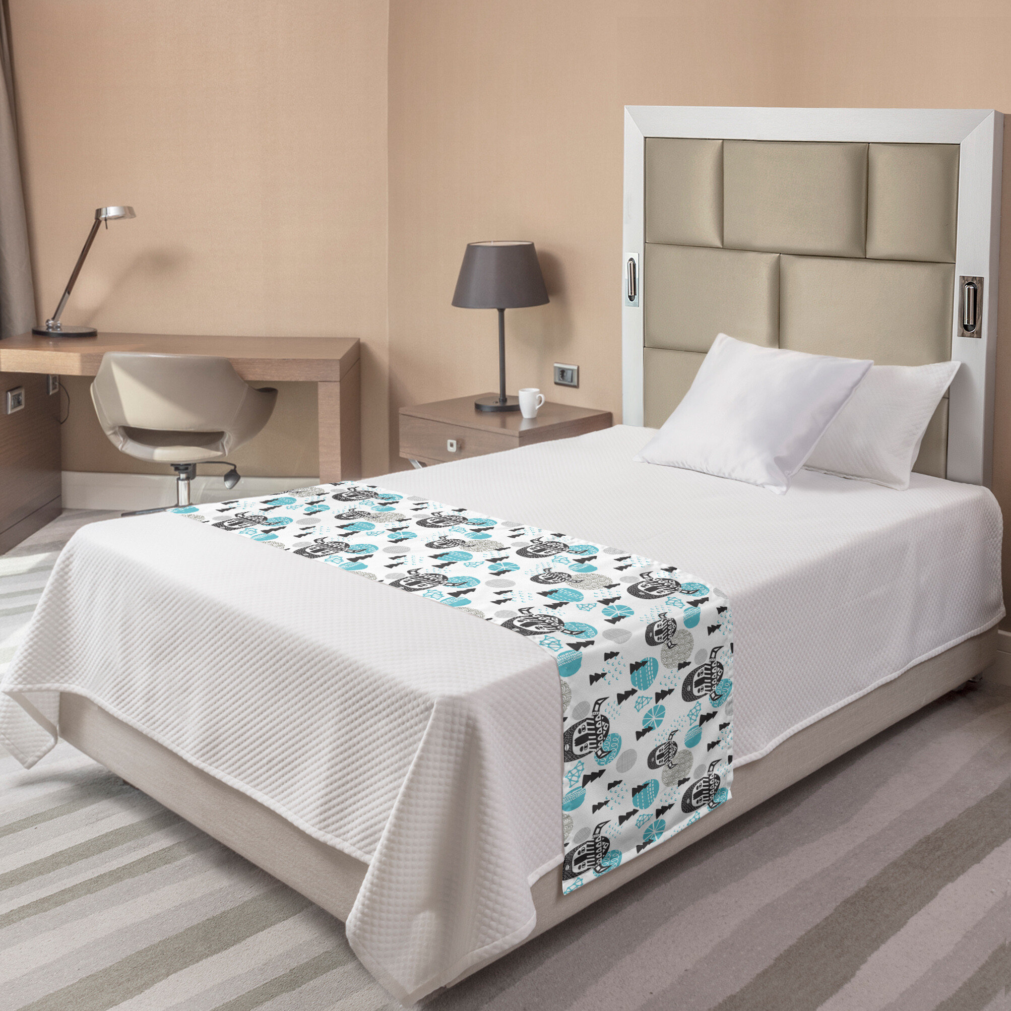 Ambesonne Vikings Bed Runner Viking Faces Woodland Dark Grey Sky Blue ...