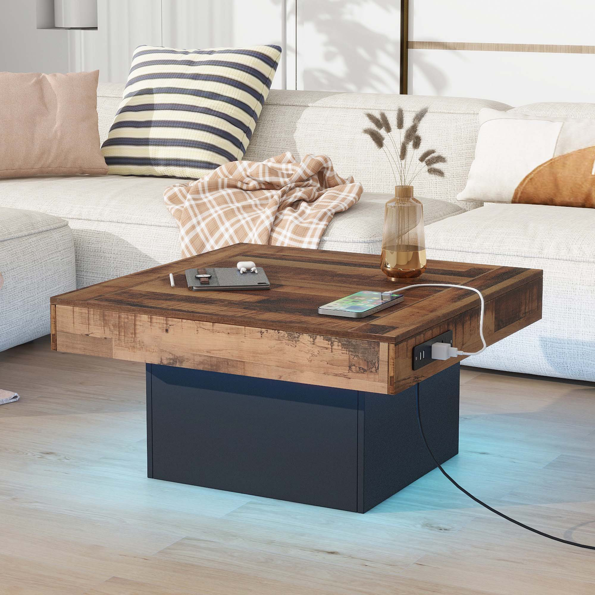 Ivy Bronx Farmhouse Coffee Table With 2 USB Ports And Outlets, Brown ...