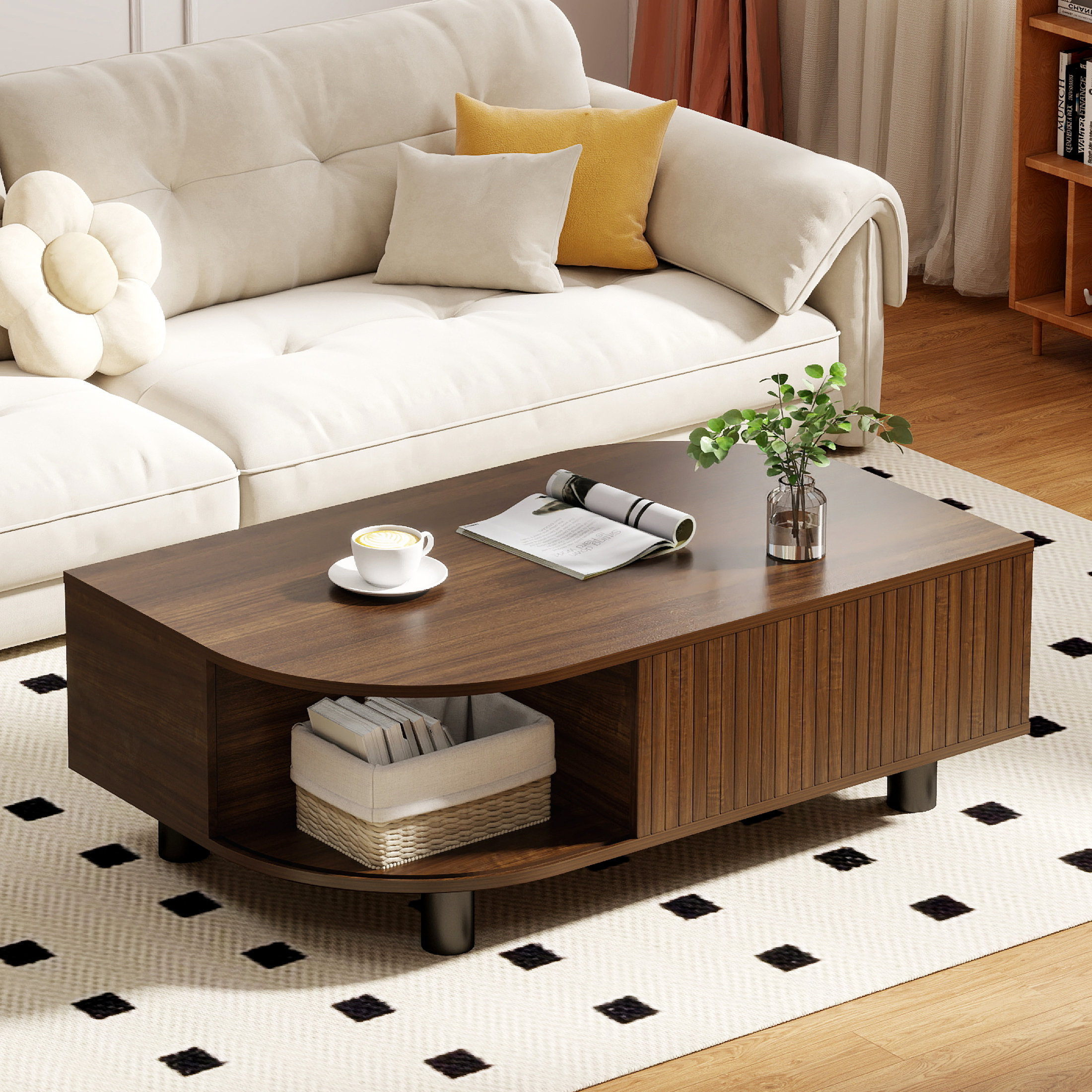Ebern Designs Wood Coffee Table with Storage & Fluted Sliding Doors for ...