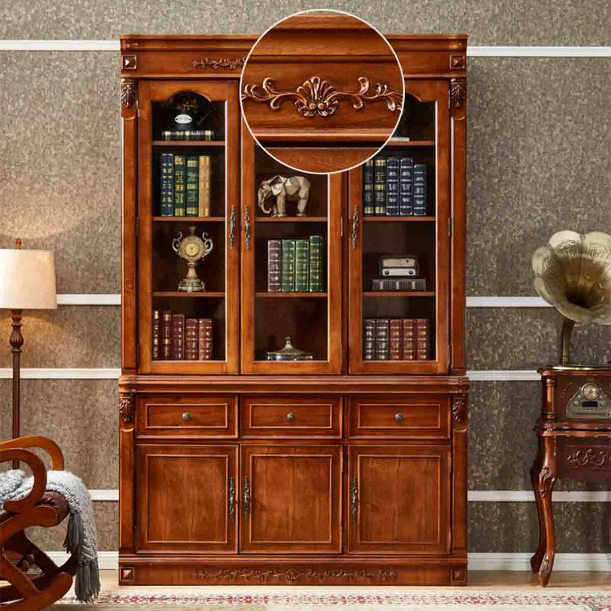 Wildon Home® Solid White Ash Wood Three-Door Storage Bookcase With ...