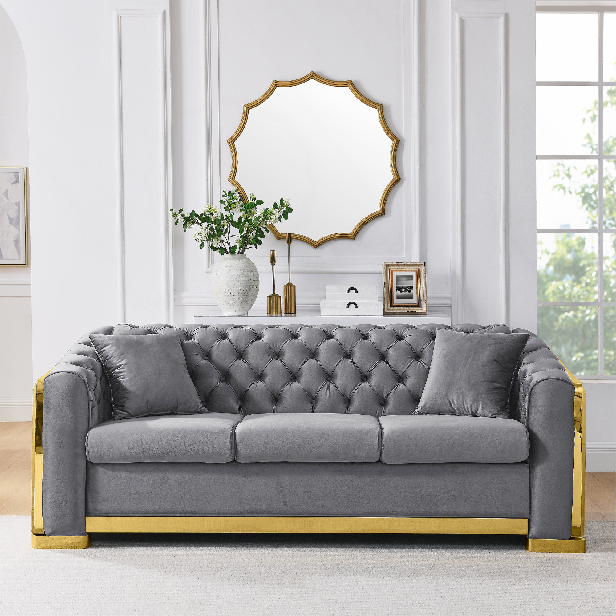 Everly Quinn Luxurious Velvet Chesterfield Sofa Set With Gold Stainless ...