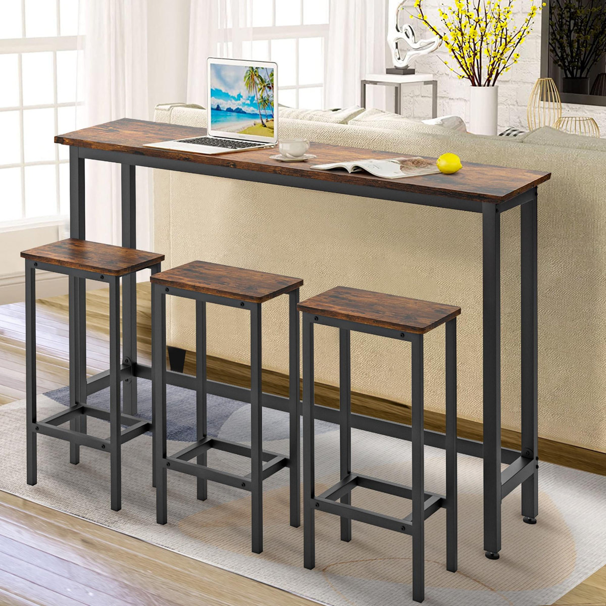 17 Stories 3-Person 4 Legs Dining Set: Extra-Long Counter-Height Table ...