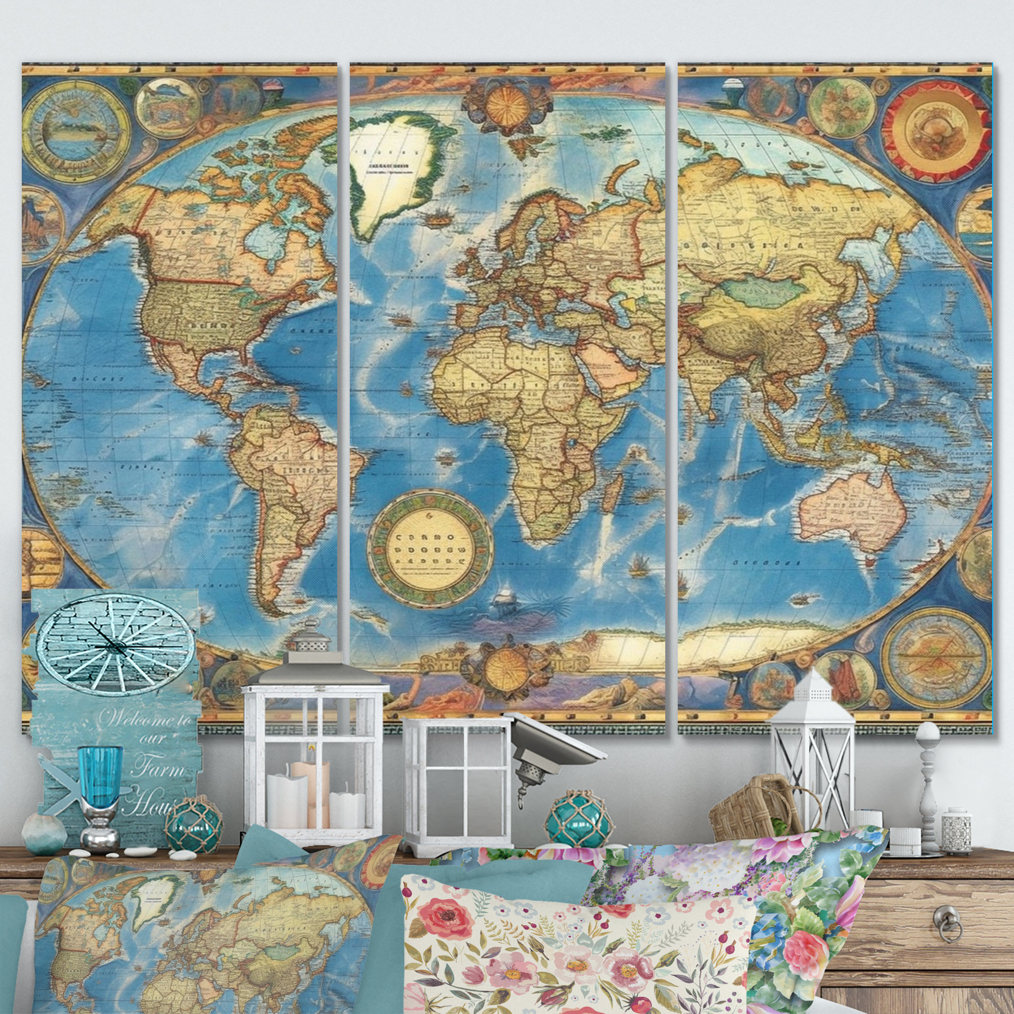 Breakwater Bay Vintage World Map II On Canvas 3 Pieces Print | Wayfair