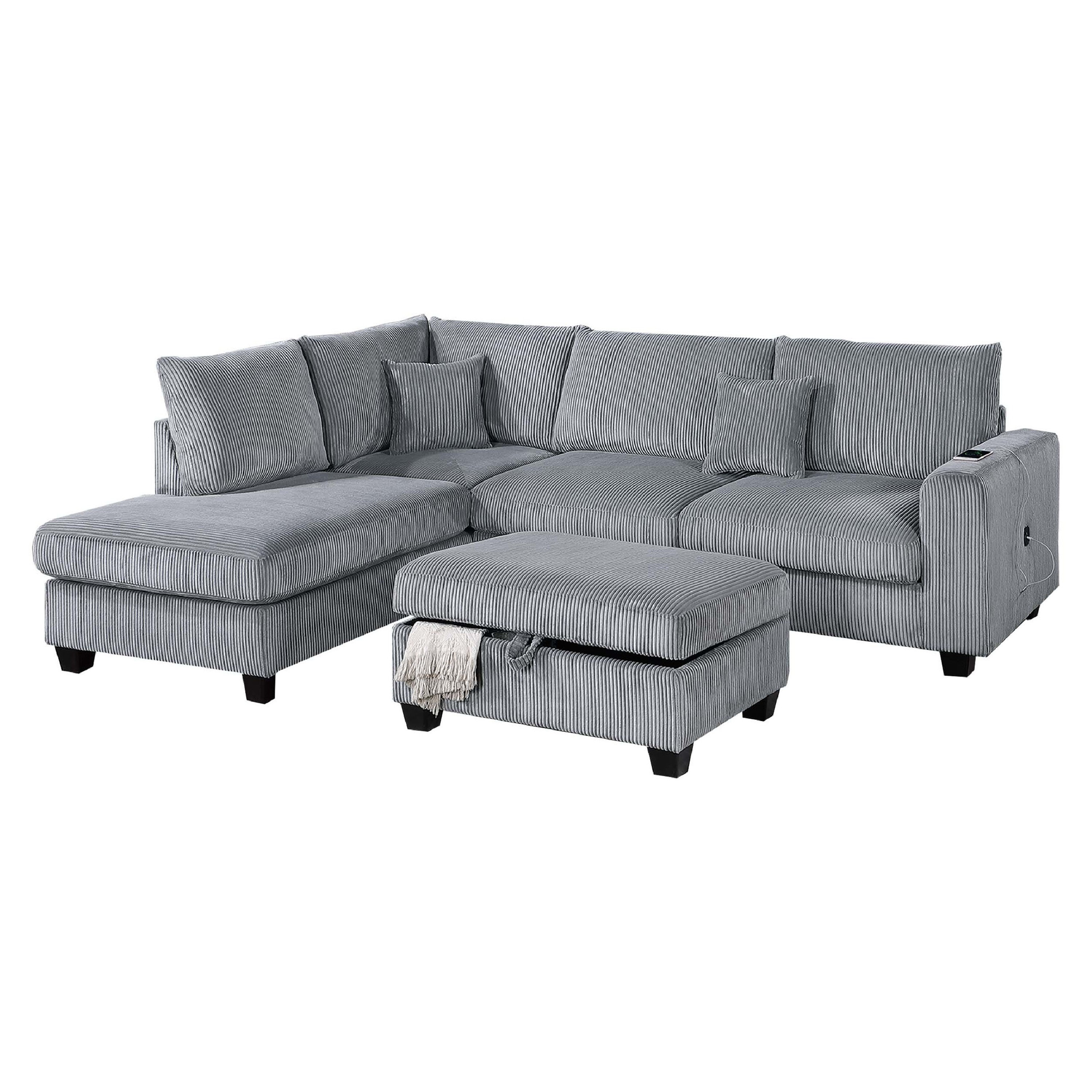 Benjara Roe 3Pc Sectional Sofa Set With Chaise, Ottoman, 2 Pillows ...