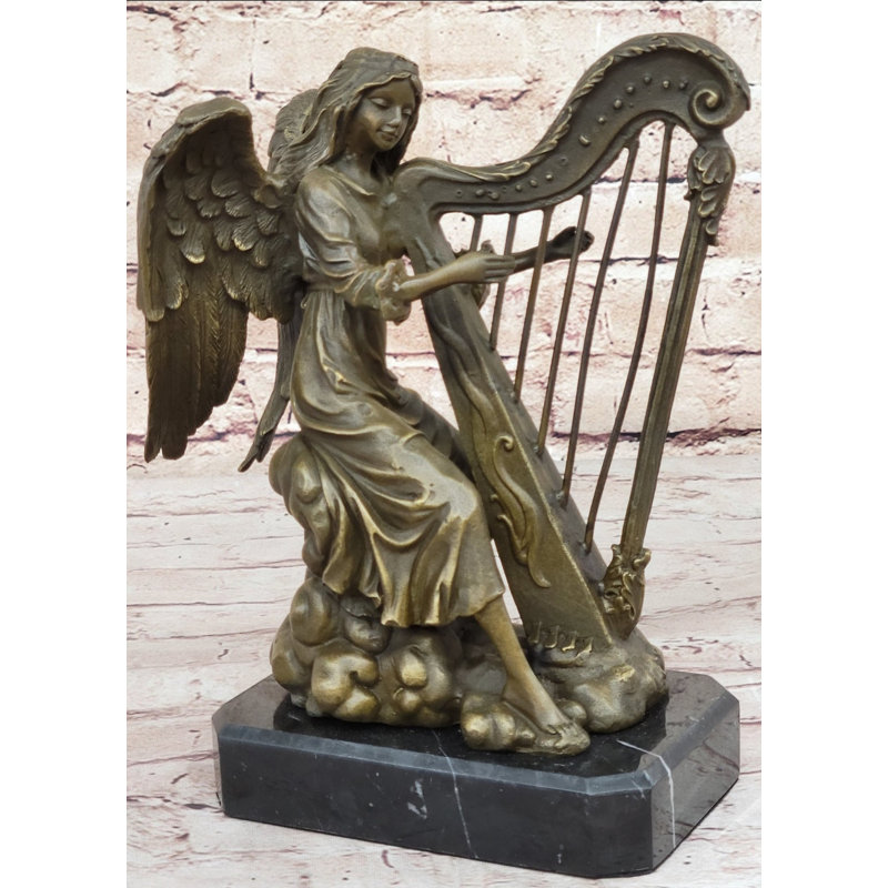 Trinx Winged Female Angel Playing Heavenly Harp - Bronze Memorial ...