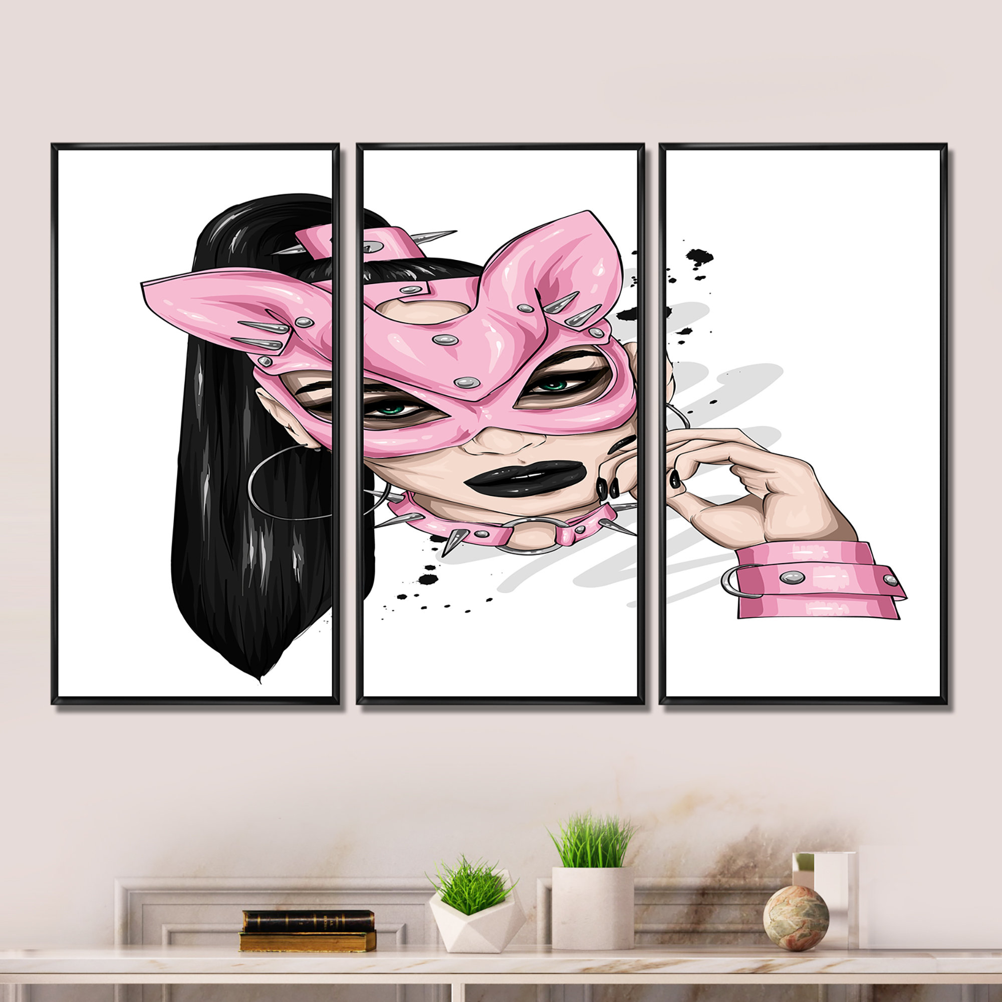 House of Hampton® Woman with Pink Bunny Mask I - 3 Piece Floater Frame ...