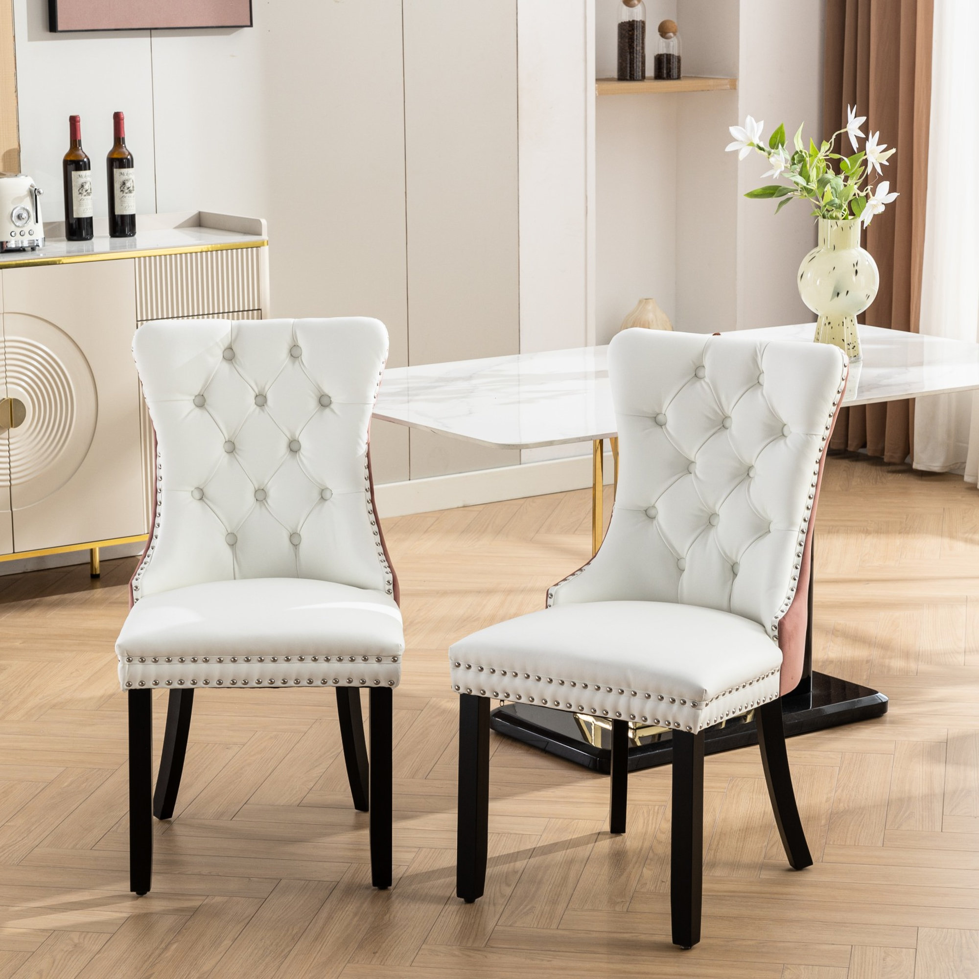 Mercer41 Modern White Pu And Pink Velvet Upholstered 2 Dining Chair ...