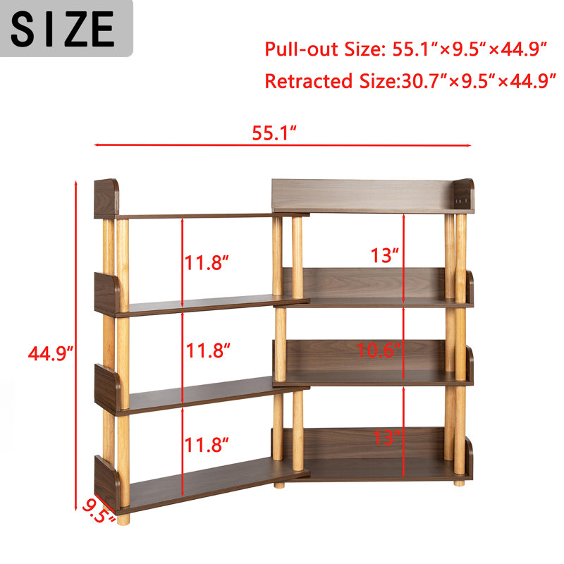Ebern Designs 4 Tier Retractable & Rotatable Wooden Corner Book Shelf ...