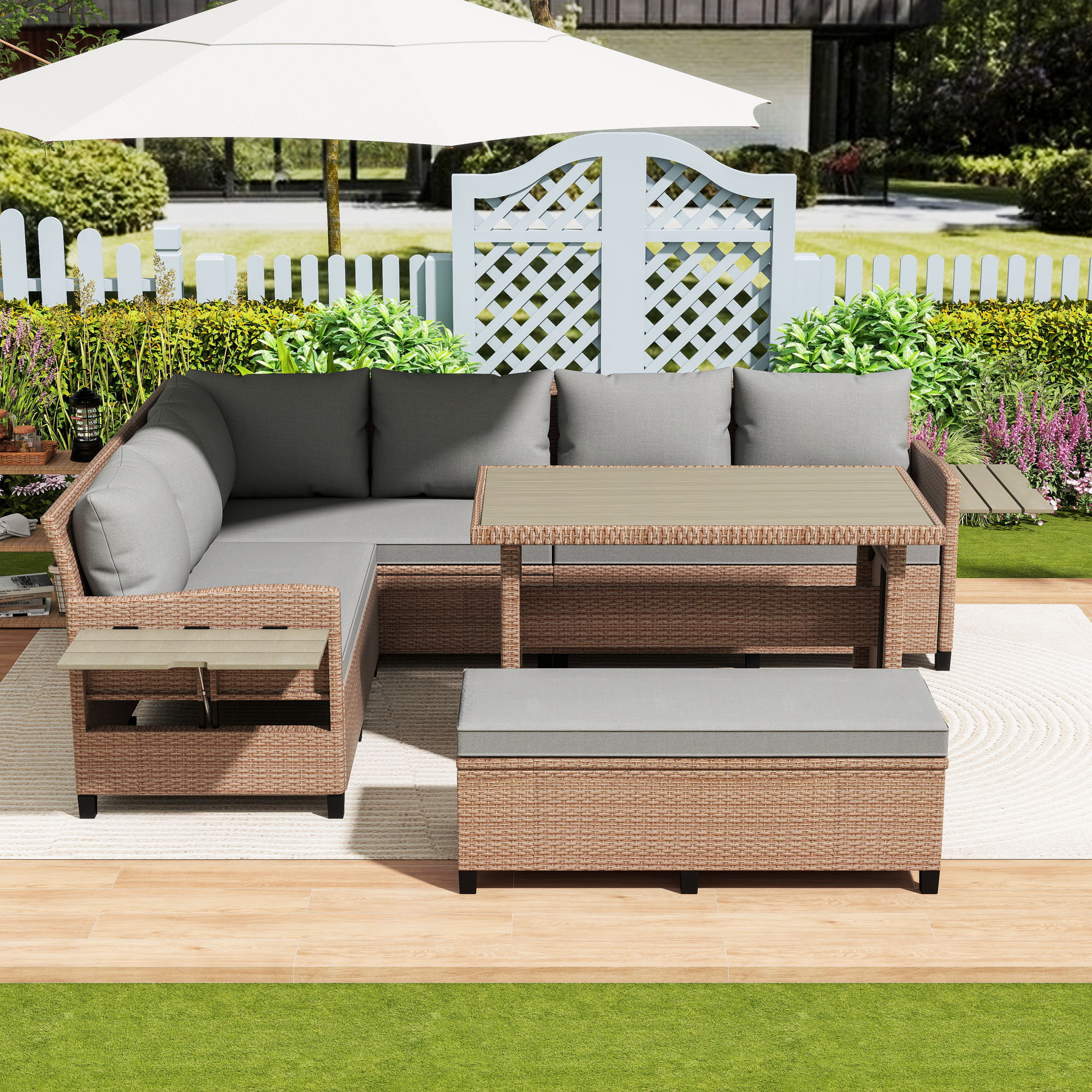 Lark Manor 5Pcs Outdoor Patio Rattan Sofa Set with L-Shaped Sectional ...