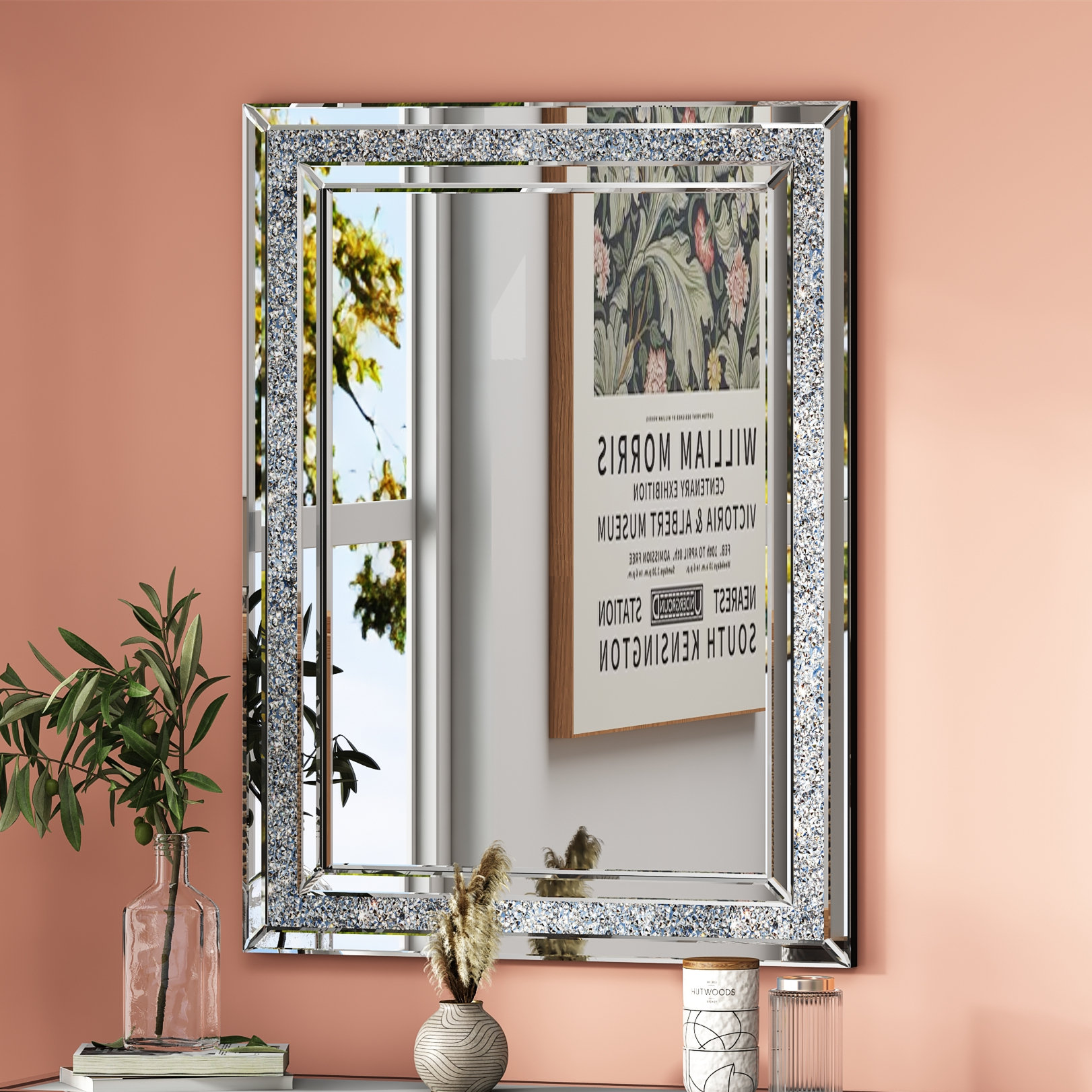 Everly Quinn Faustine Crystal Accent Rectangle Glass Wall Mirror ...