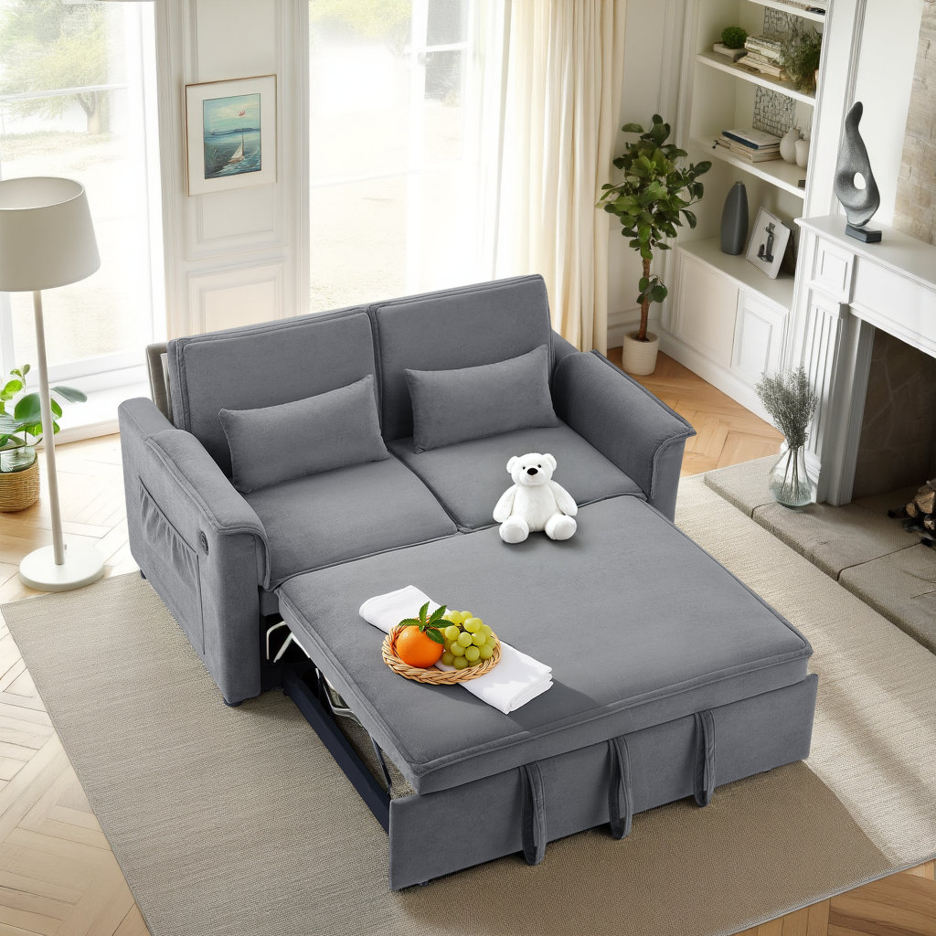 Ebern Designs Loveseat Sofa Fabric Convertible Sleeper Couch with Pull ...