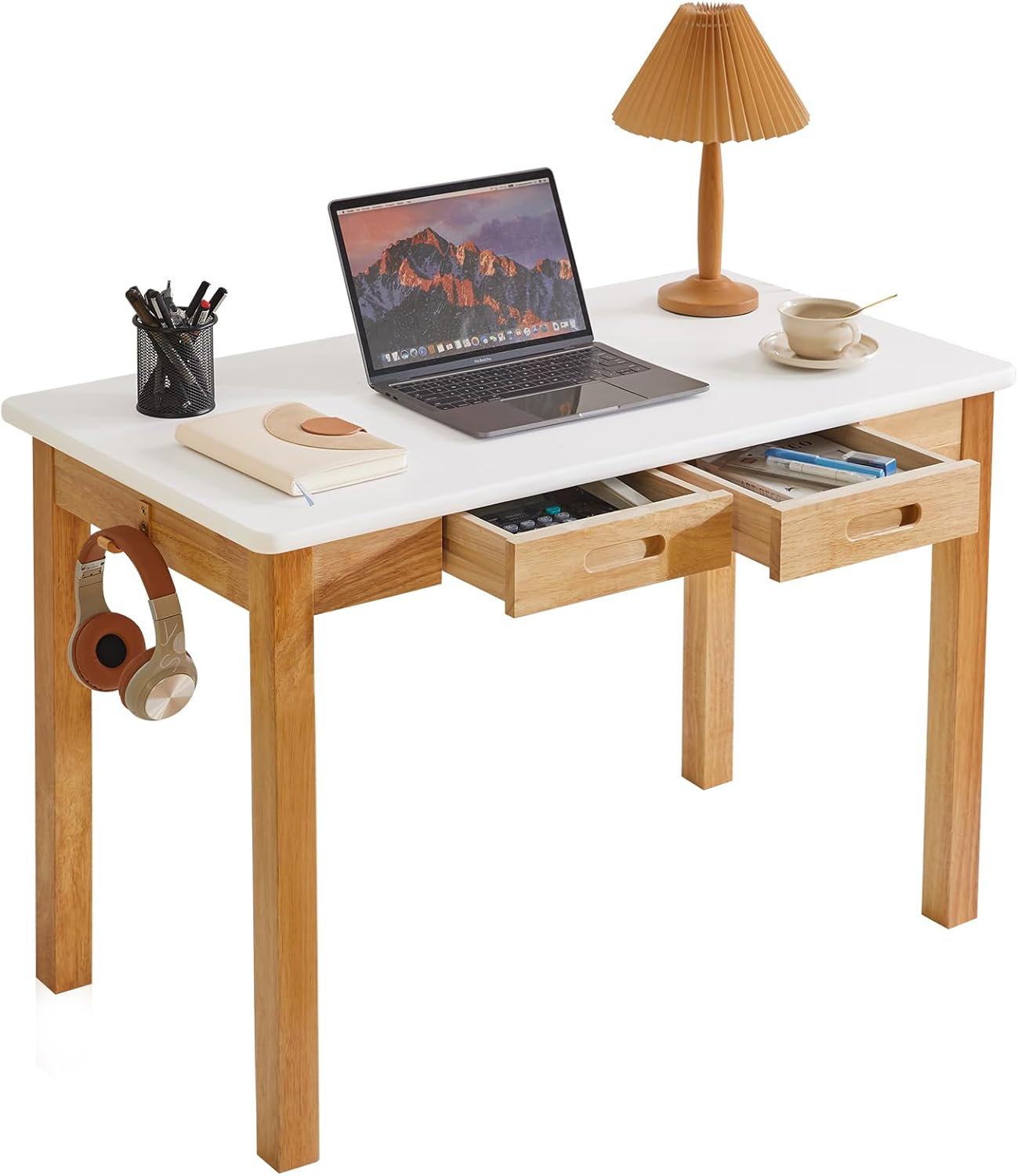 Corrigan Studio® Modern Wooden Computer Desk With Drawers And Hooks ...