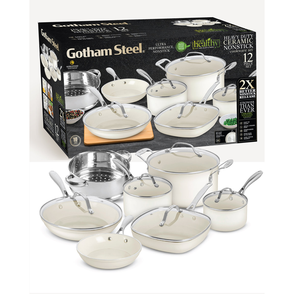 Gotham Steel Naturals Cream 12 Piece Ultra Nonstick Ceramic Cookware ...