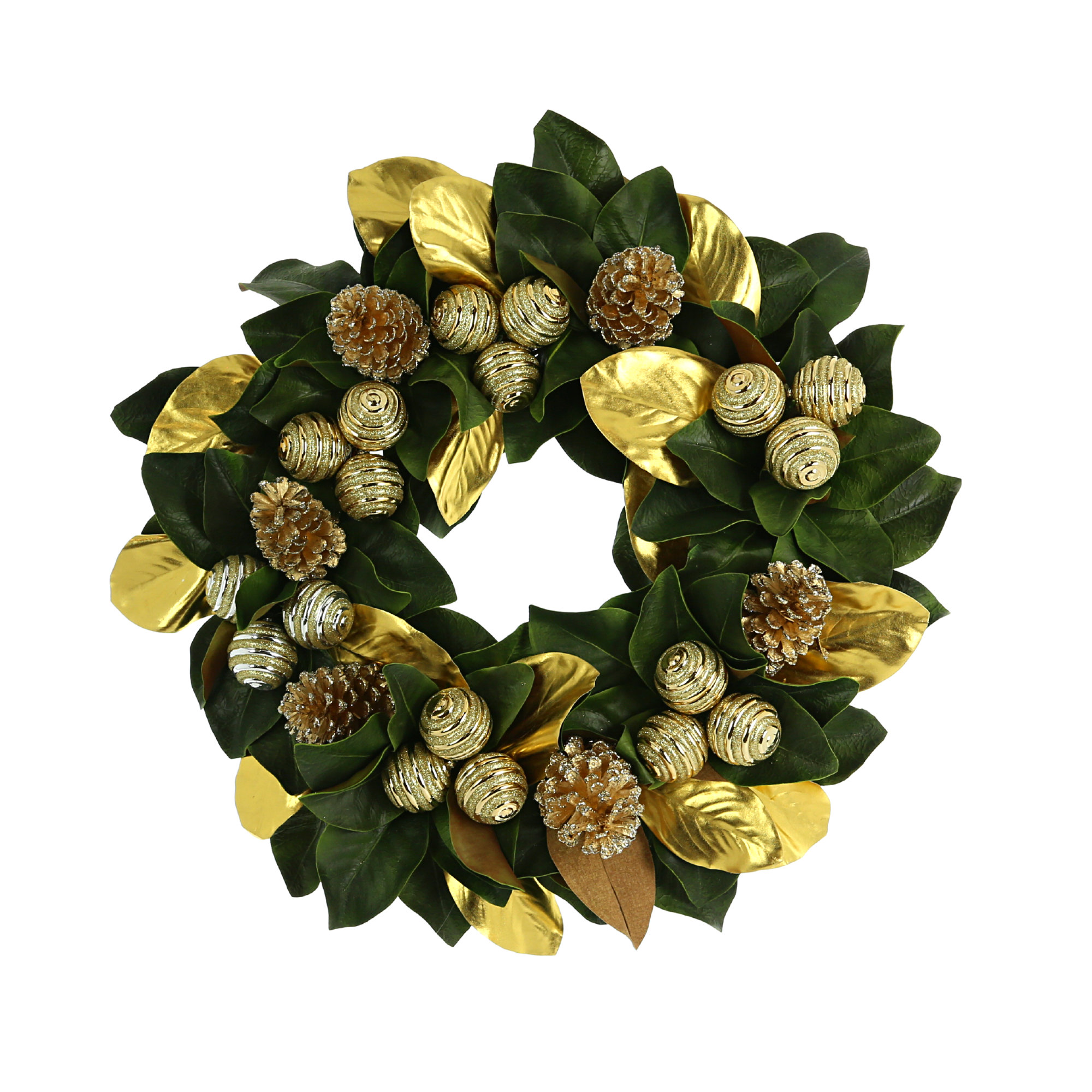 The Holiday Aisle® Joannette Green and Gold Magnolia Leaf Wreath with ...