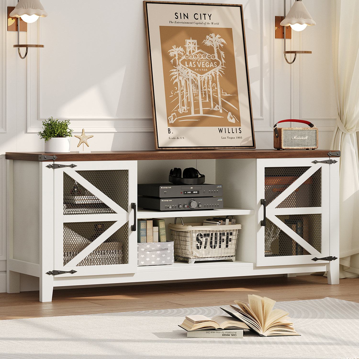 Gracie Oaks Harriet Morden Farmhouse White Television Stands With Iron ...