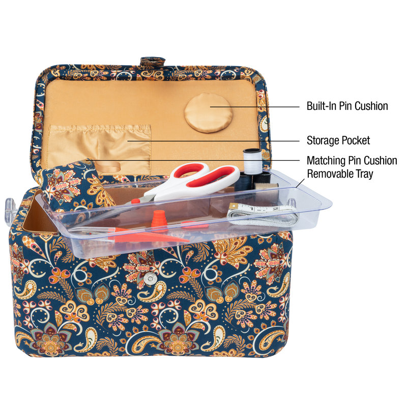 SINGER Large Sewing Basket Navy Paisley Print with Sewing Kit and ...