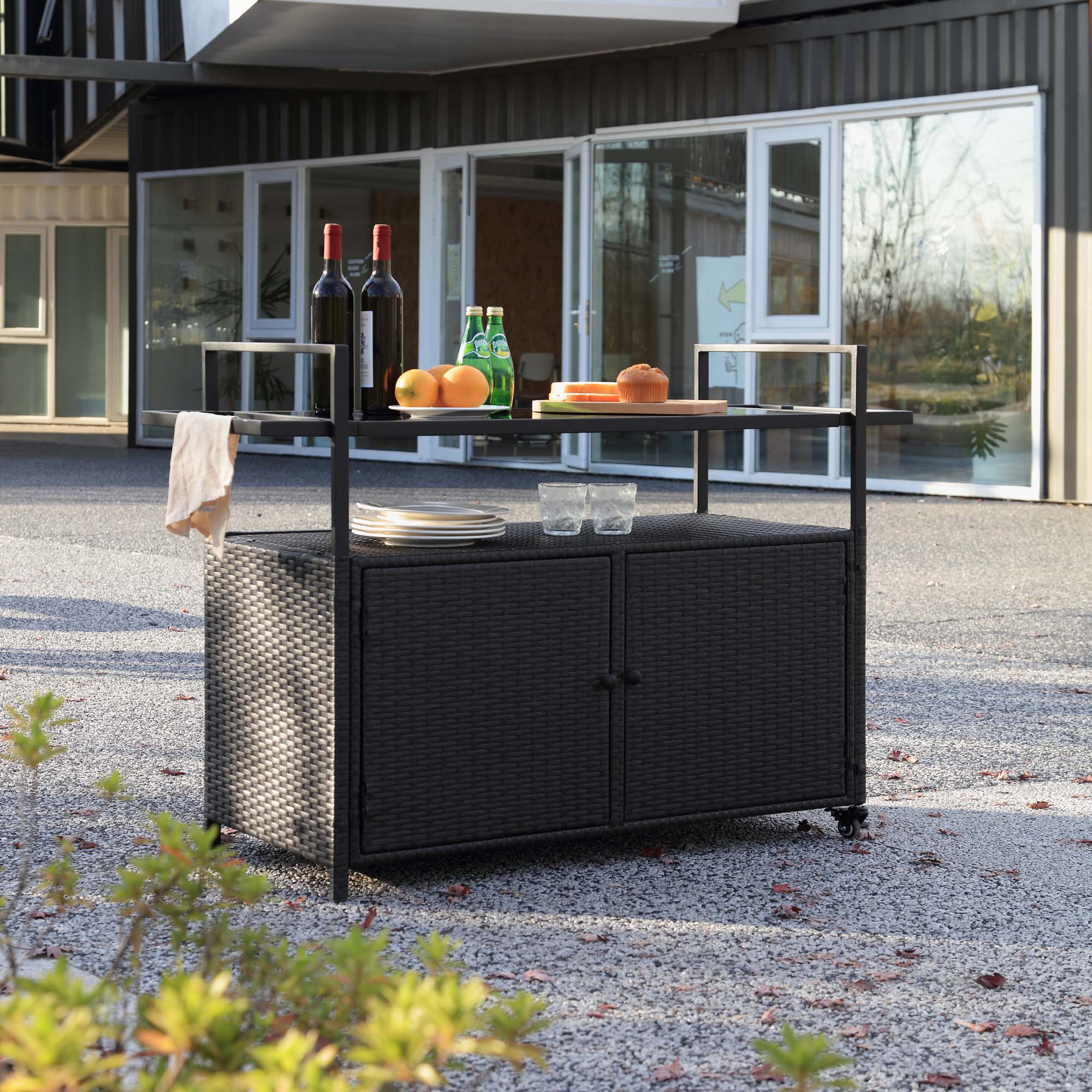 Dakota Fields Rolling Rattan Beverage Bar Counter Table W/Glass Top For ...